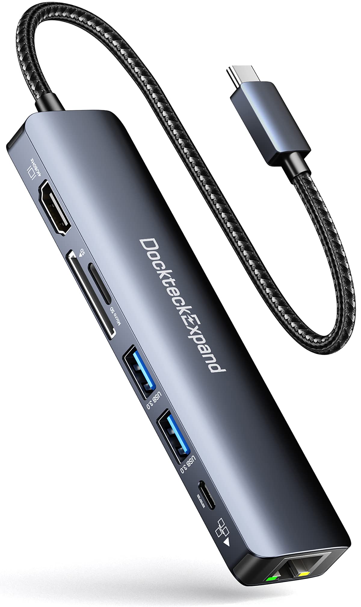 USB C Hub Ethernet, DockteckExpand 7-in-1 Multiport Adapter Type C to 4K@60Hz HDMI, Gigabit Ethernet, 100W PD Charging, 2 USB 3.0, SD/TF Card Readers, for MacBook Pro/Air, iPad Pro/Air, XPS and More