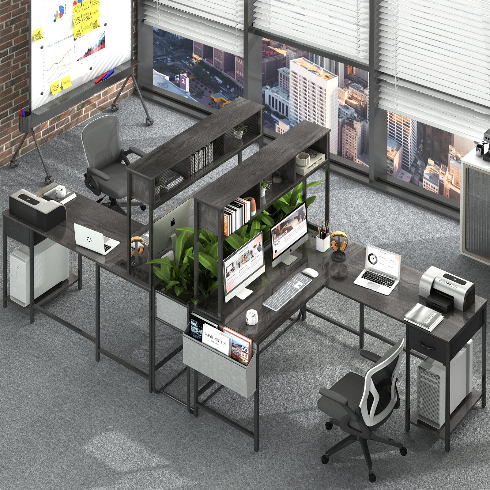 Yoobure L Shaped Desk Gaming Desk with LED Strip & Power Outlet, Reversible L-Shaped Computer Desk with Storage Shelf & Drawer, Corner Desk with Storage Bag, 2 Person Home Office Desk, Gray