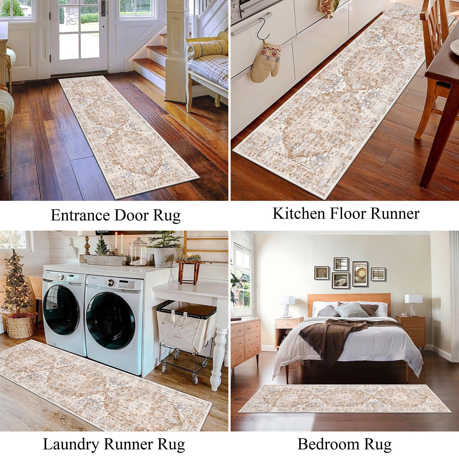 U'Artlines Boho Round Area Rug, 4ft Non Slip Washable Throw Rug Carpet, Low Profile Circle Rug for Kitchen Bedroom Living Room Dining Room, Green