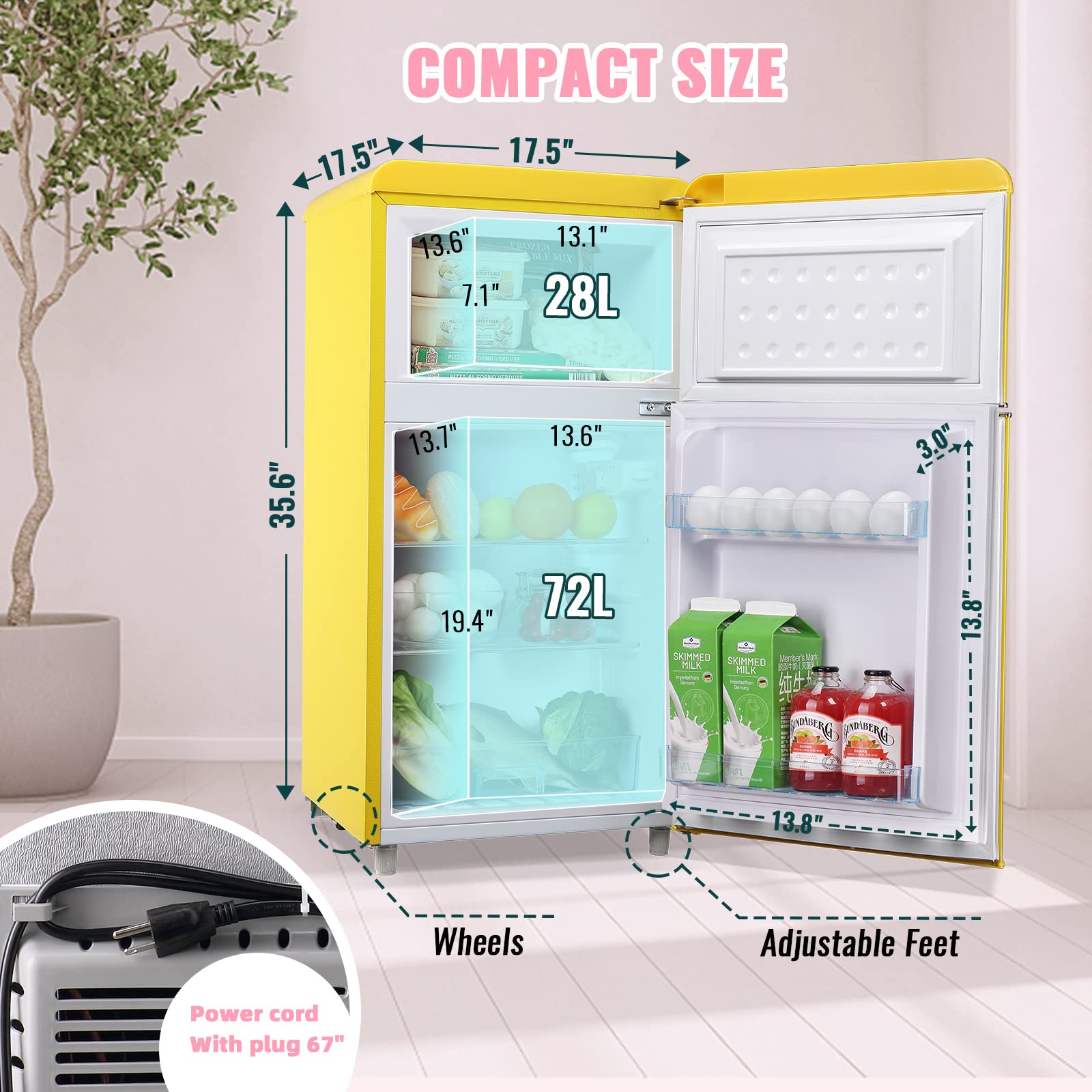 WANAI 3.5 Cu.ft Compact Refrigerators Mini Fridge with Freezer Yellow Small Fridge Dual Door Classic Retro Refrigerator Removable Glass Shelves Adjustable Thermostat for Home Office Dorm RV