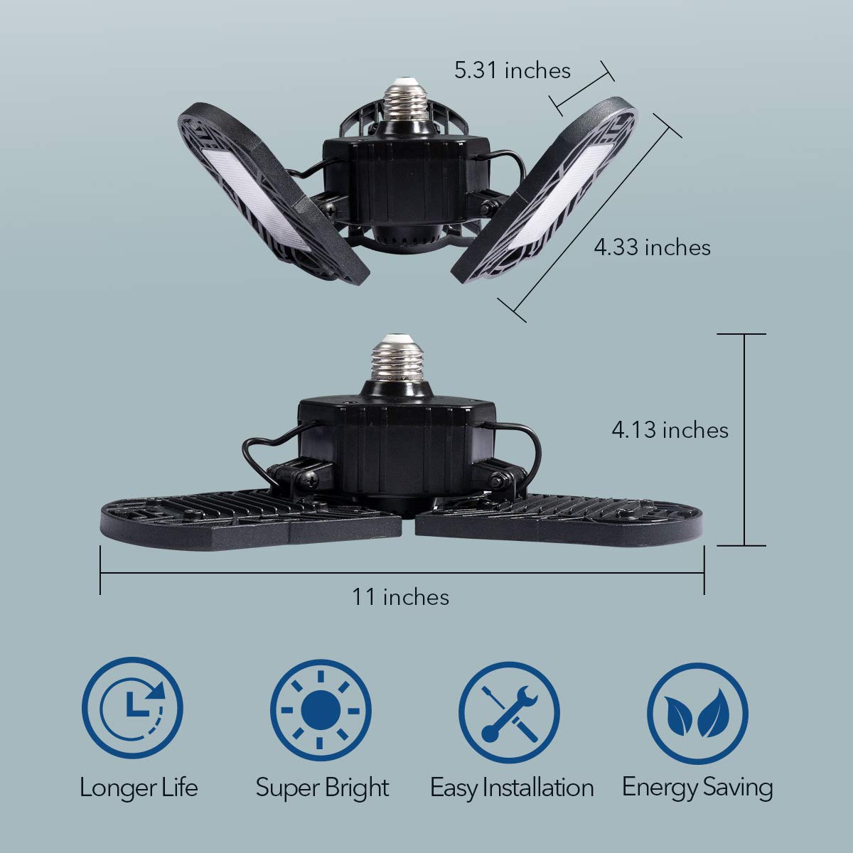 Wokyy 60W LED Garage Lights, Deformable Ceiling Light 6000LM 6500K, E26/E27 Basement Light with 3 Adjustable Die-cast Aluminum Panels for Workshop Barn Warehouse and More - 2 Pack