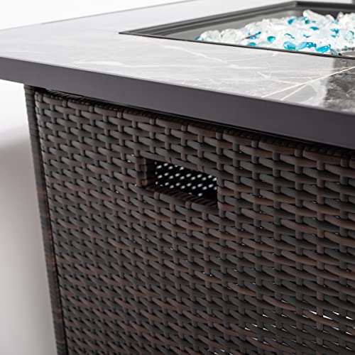 WOXYX 30inch Outdoor Fire Pit Table,40000BTU Rattan Gas Firepit Tables with Glass Rocks and Rain Cover