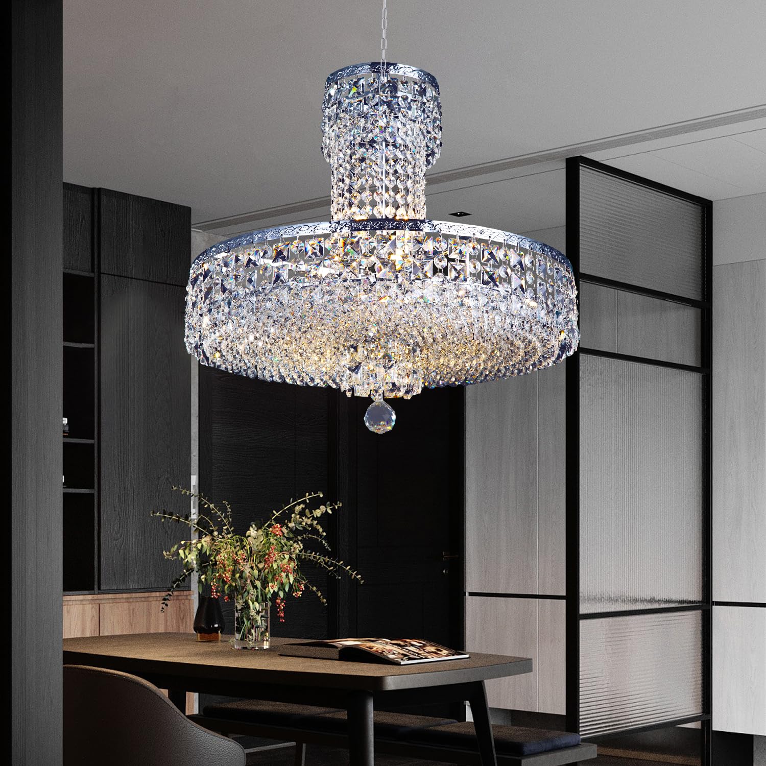 YOVINO Crystal Chandeliers 12 Lights High Ceiling Pendant Lighting Fixtures Unique Empire Foyer Entrance Indoor Living Room Dining Room Bedroom Entryway Staircase Chrome Finish D20 x H18 Silver