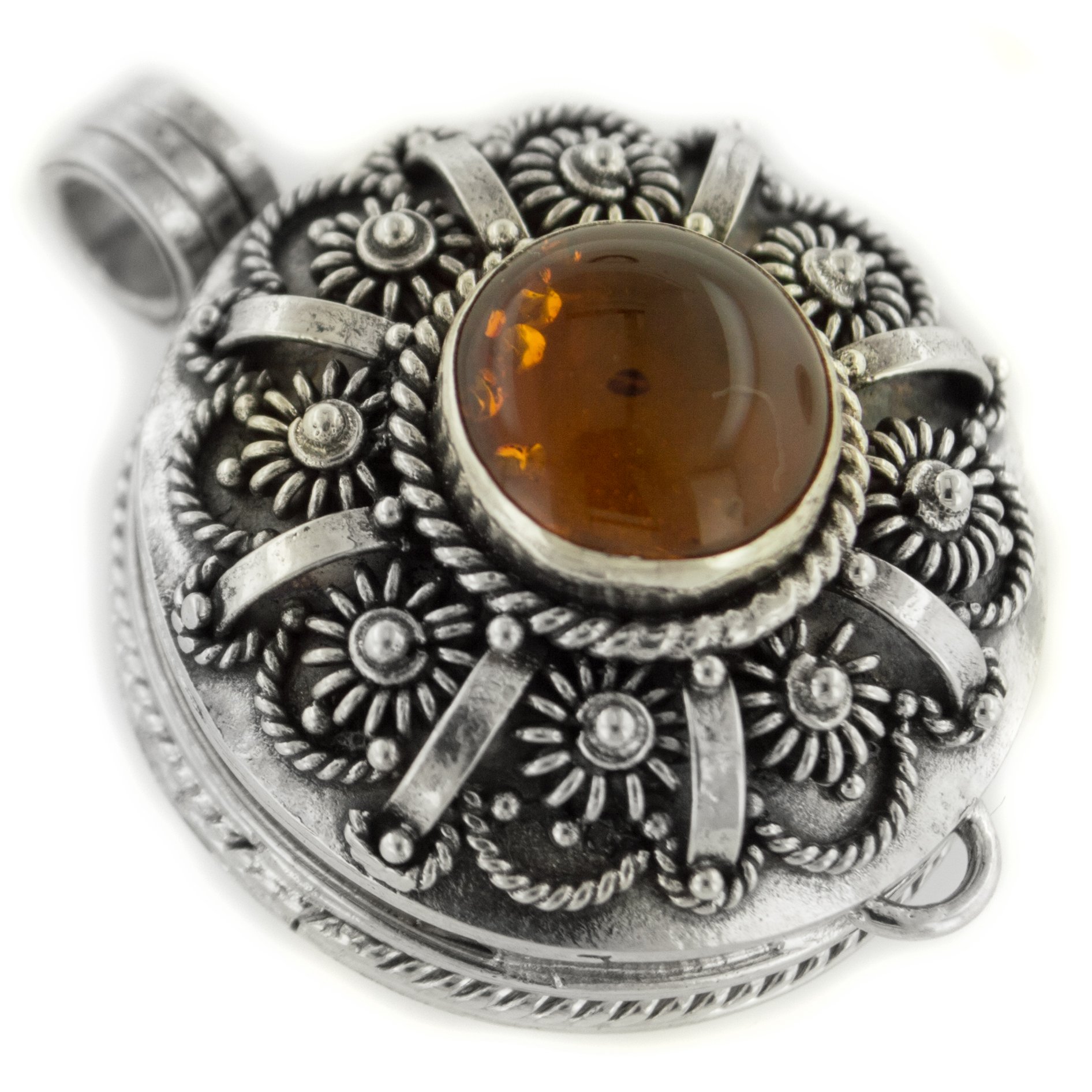 Sterling Silver Pressed Baltic Amber Poison Locket Pendant for Herbs or Prayers