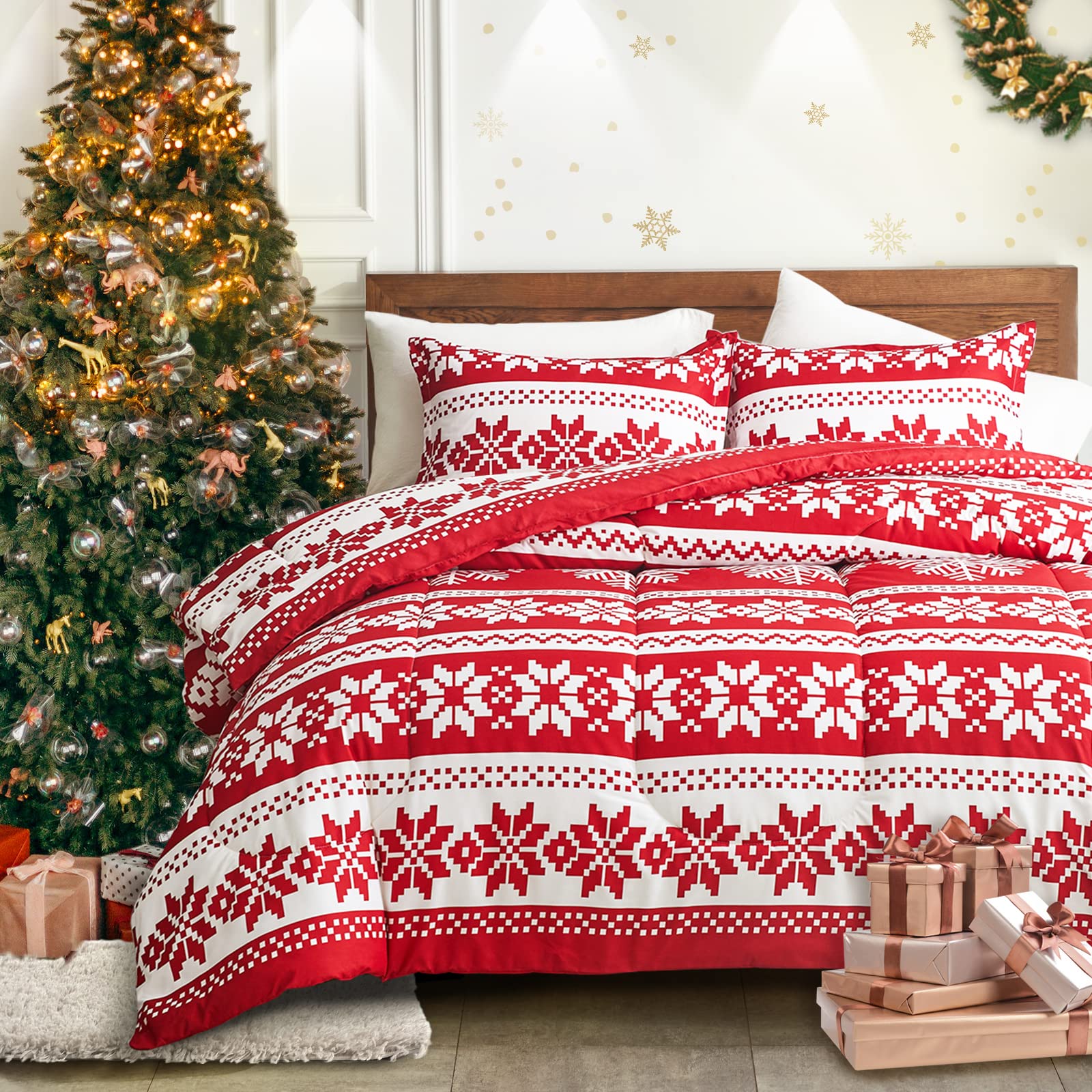 UOZZI BEDDING Christmas Red Comforter Set Queen Size with Red White Snowflake Holiday Style Reversible Down Alternative 800 TC Duvet for New Year Gift Choice with 2 Pillow Shams