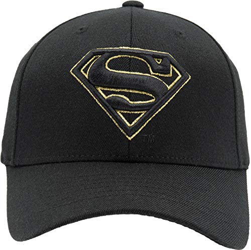 Superman Logo Flexfit Stretch-Fit Fitted Baseball Cap Hat (Medium~Large, Black/Gold Line)