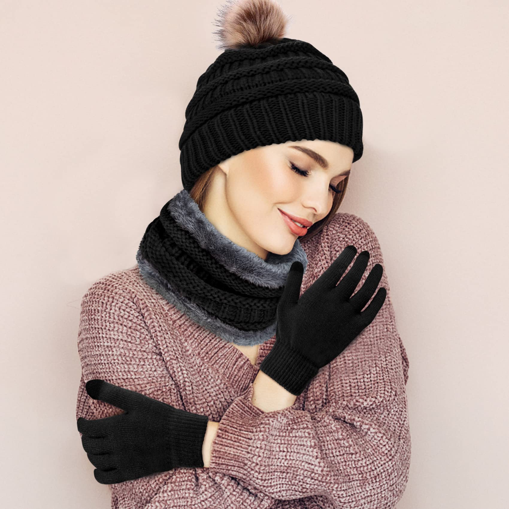 YSense Womens Winter Hat Scarf Glove Set, Warm Fleece Lined Pom Beanie Hat Neck Warmer and Touchscreen Gloves