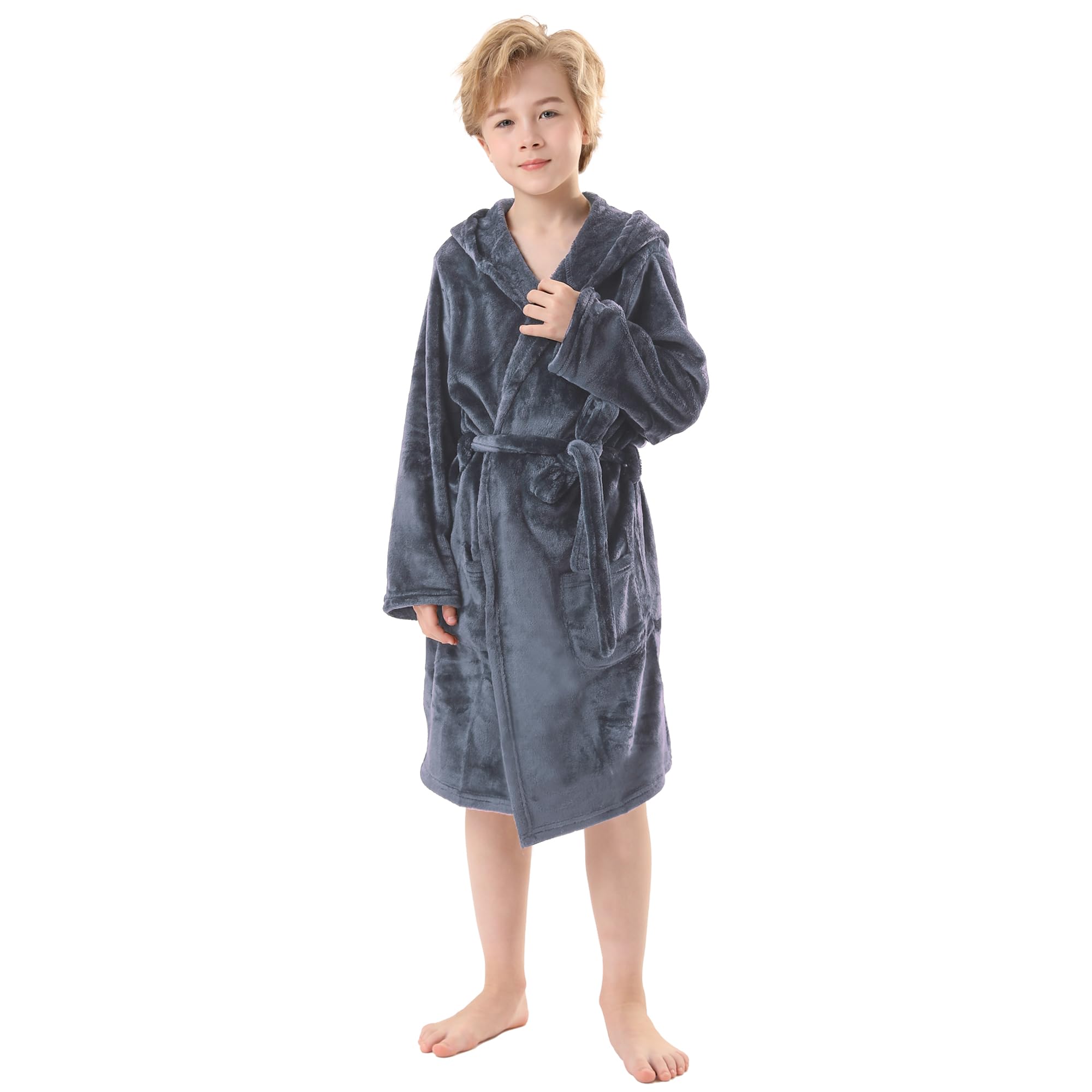 V.&GRIN Boys Fleece Robe, Hooded Toddler Soft Fuzzy Bathrobe for Kids 3-14 Years(Gray 9-10)