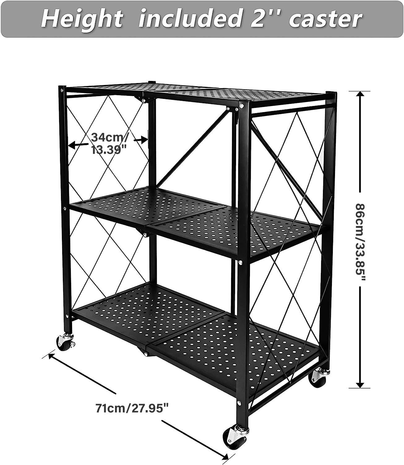 YSSOA 3-Tier Heavy Duty Foldable Metal Rack Storage Shelving Unit with Wheels Moving Easily Organizer Shelves Great for Garage Kitchen, Black