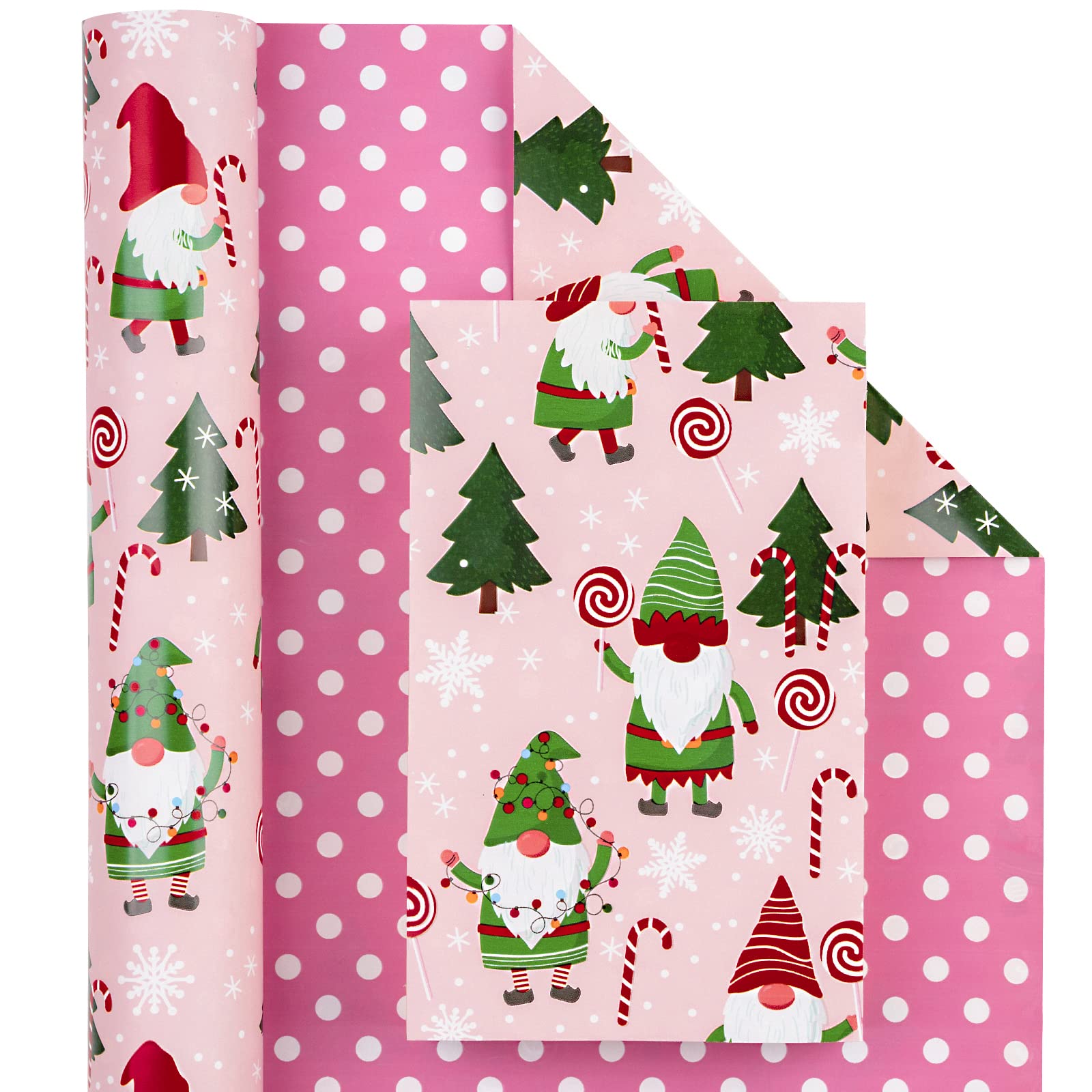 WRAPAHOLIC Reversible Christmas Wrapping Paper - Mini Roll - 17 Inch X 33 Feet - Red Green Gnome and Candy Canes, Pink and White Polka Dots Design for Holiday, Party, Celebration