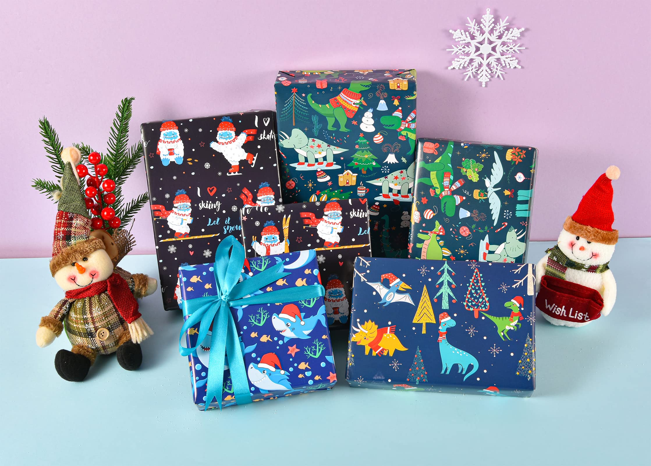 Titiweet Dinosaur Shark Animal Christmas Wrapping Paper for Kids - 12 Sheets, 20 x 28 Inches Per Sheet