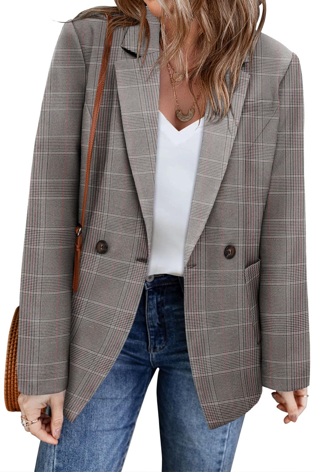 Women's Casual Blazer Long Sleeve Lapel Open Front Work Office Professional Plaid Blazer Jacket for Women Brown Plus Size 2XL