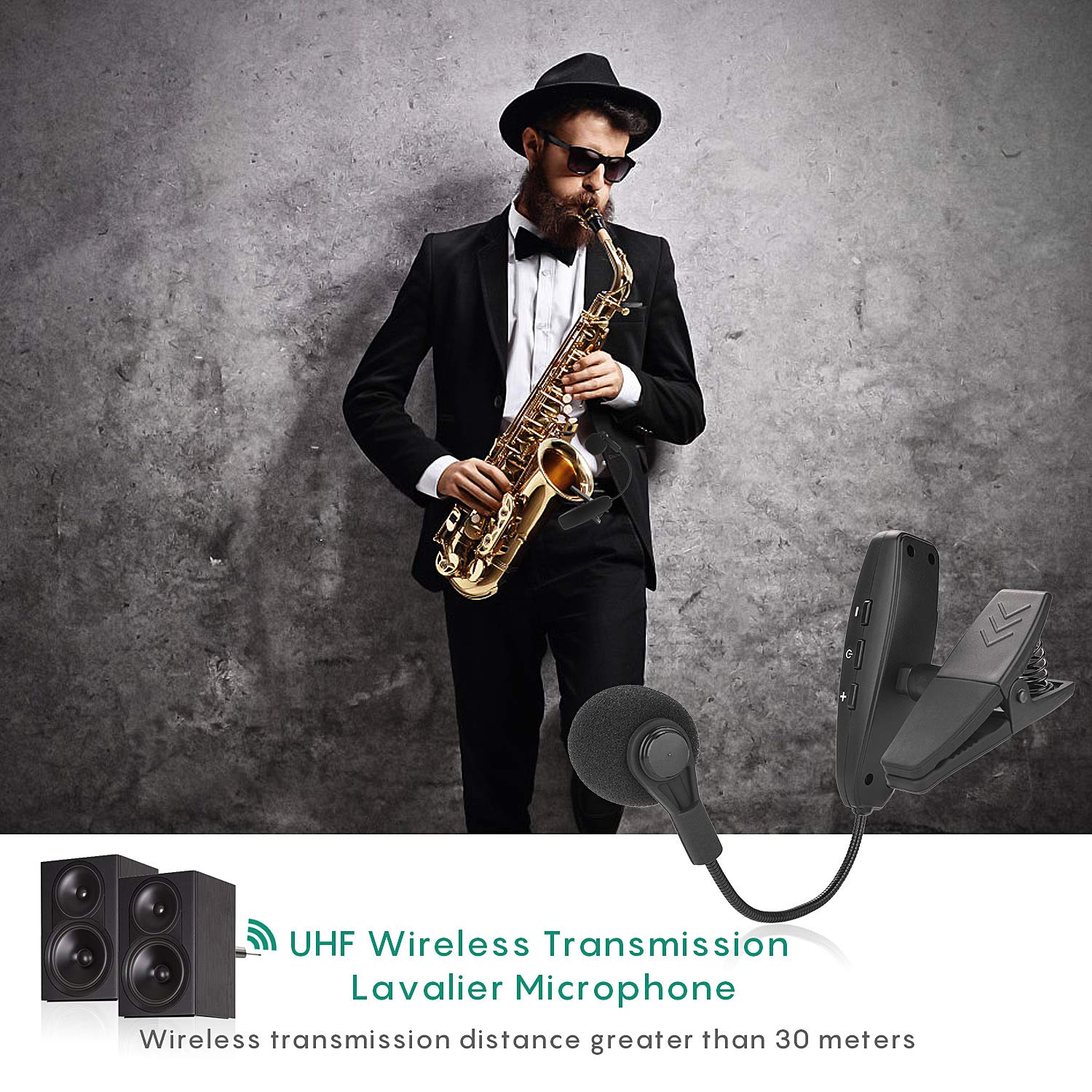 Wireless Instrument Microphone,UHF Clip Condenser Mic,for Horns,Trumpets,Clarinets, Saxophones, Cello, Computer, Phone, Speakers, Voice Amplifier 131ft Range, 1/8 and 1/4'' Port