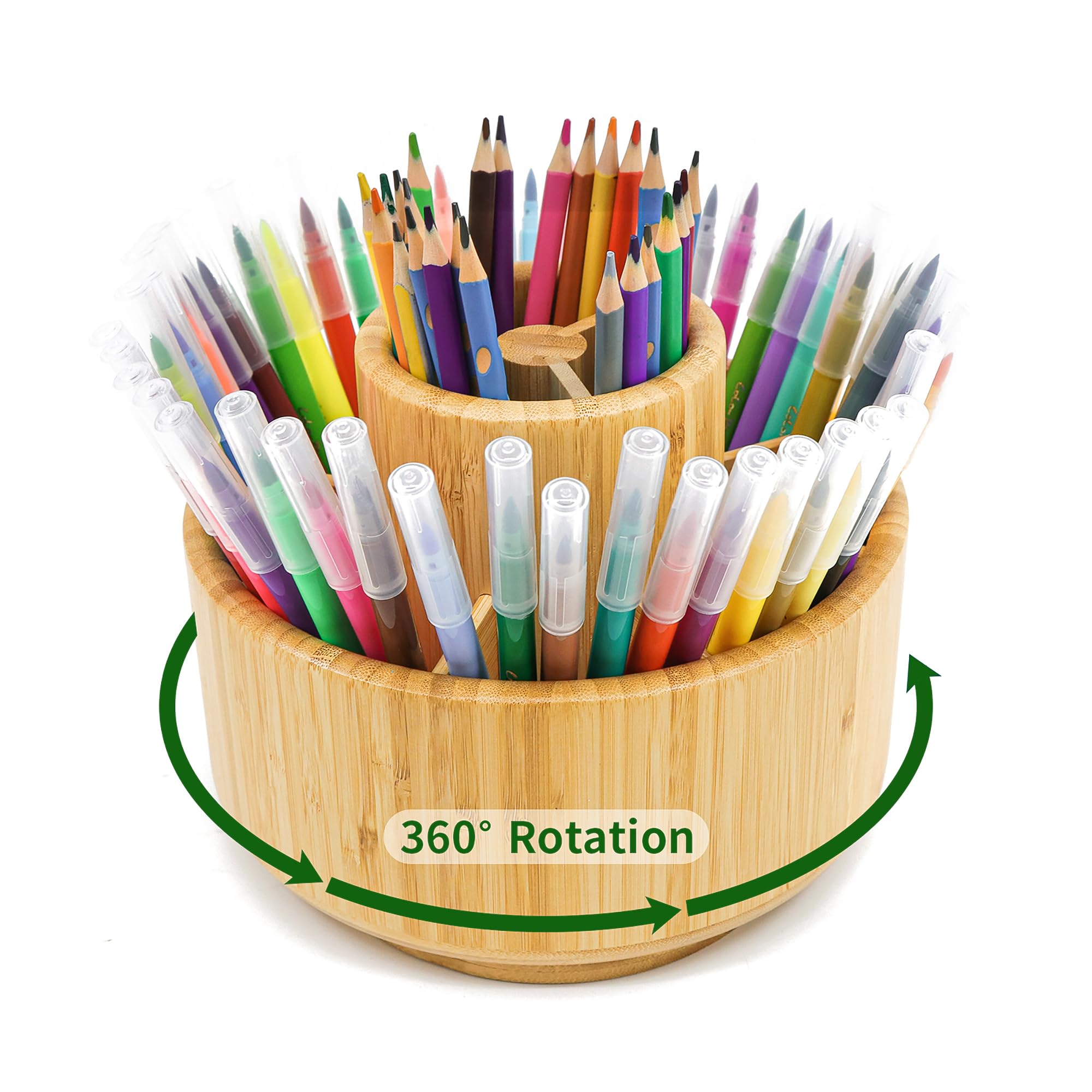 VaeFae Bamboo Pen Holder Organizer, Round Rotating Art Supply Organizer, Hold 420 Pencils, Desktop Storage for Marker Pens, Colored Pencil, Art Brushes, etc.