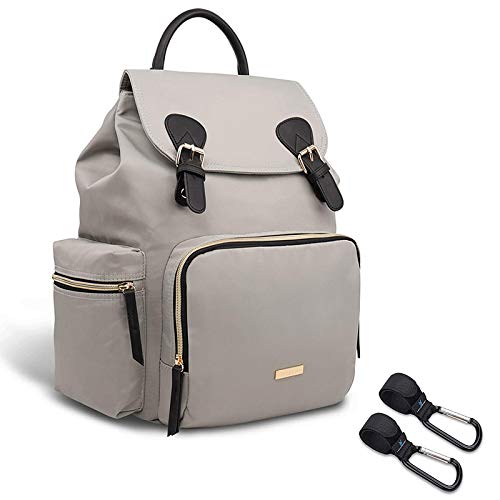 Vogshow Waterproof Diaper Bag, Multifunction Stylish Travel Backpack with 2 Stroller Hooks, Gray