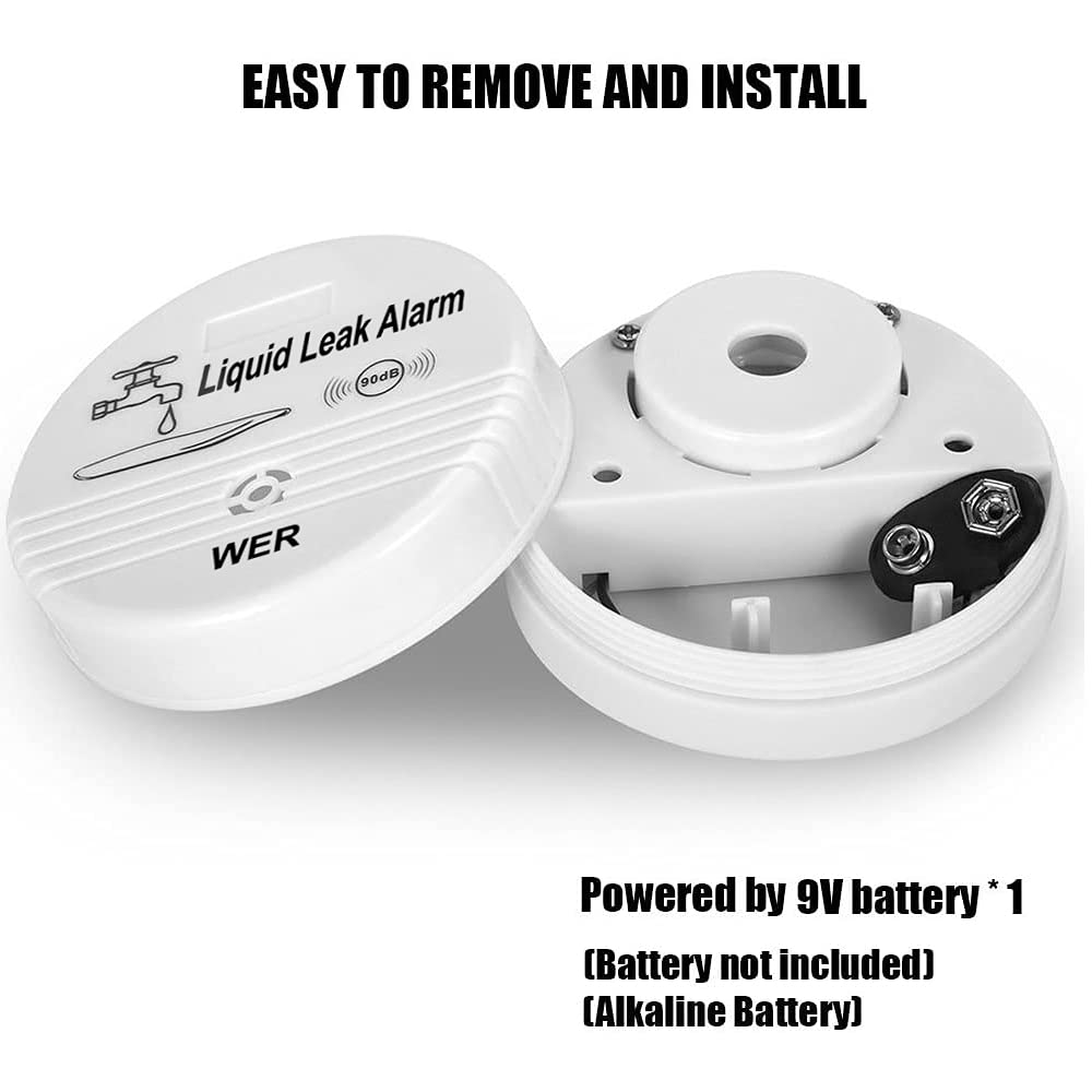 WER Water Leak Alarm Sensor, Battery Operated Leak Alert, 90dB Water Detector for Basements, Bathrooms, Laundry Rooms, Kitchens, Garages and All Office Areas (Shipped Without Battery, 2 Pack)