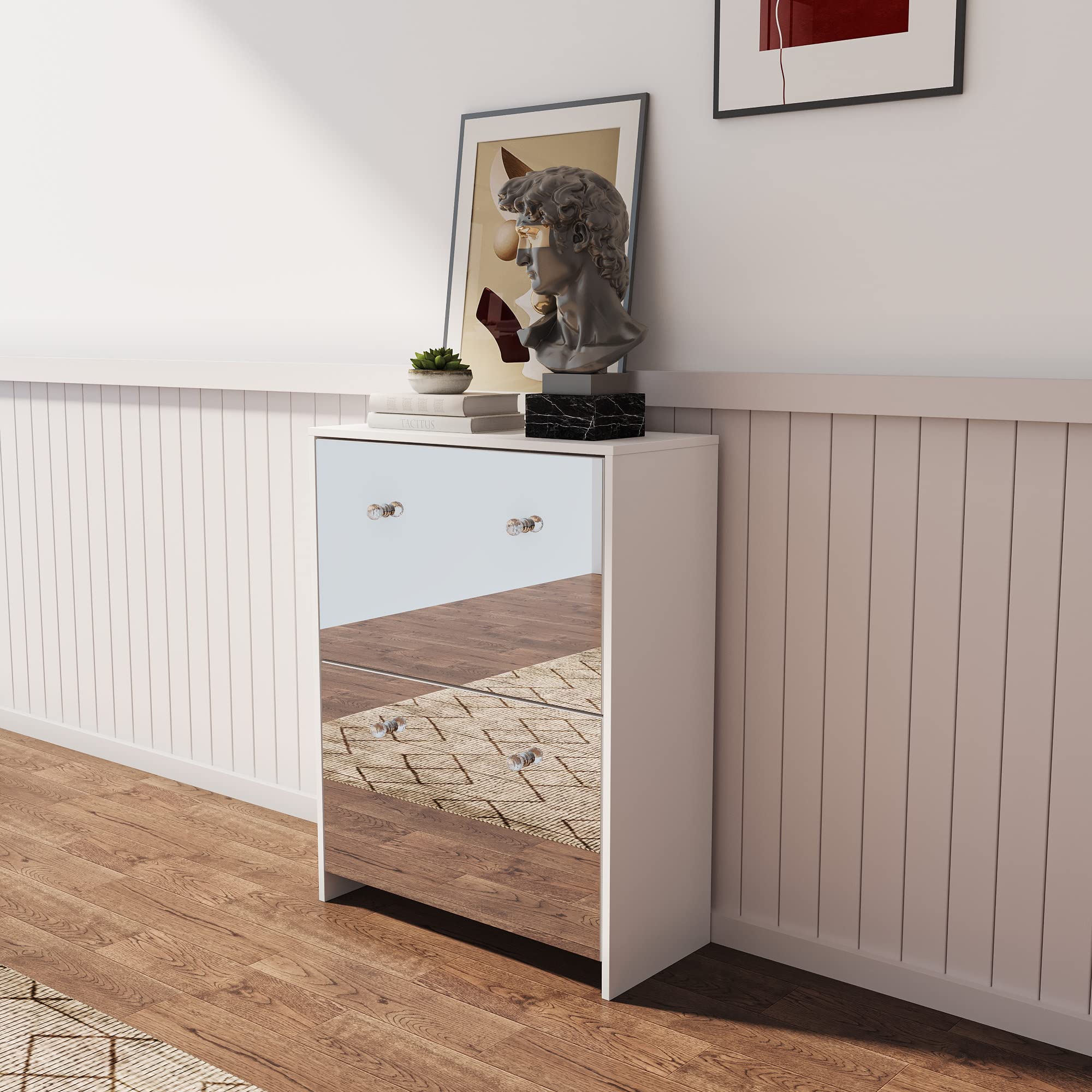 UFINEGO Shoe Organizer Cabinet Shoe Cabinet with Mirror Doors 2-Tiers Shoe Storage Cabinet with Mirror Doors Say Goodbye to Messy Floors and Hello to Tidy Spaces with Shoe Storage Solution