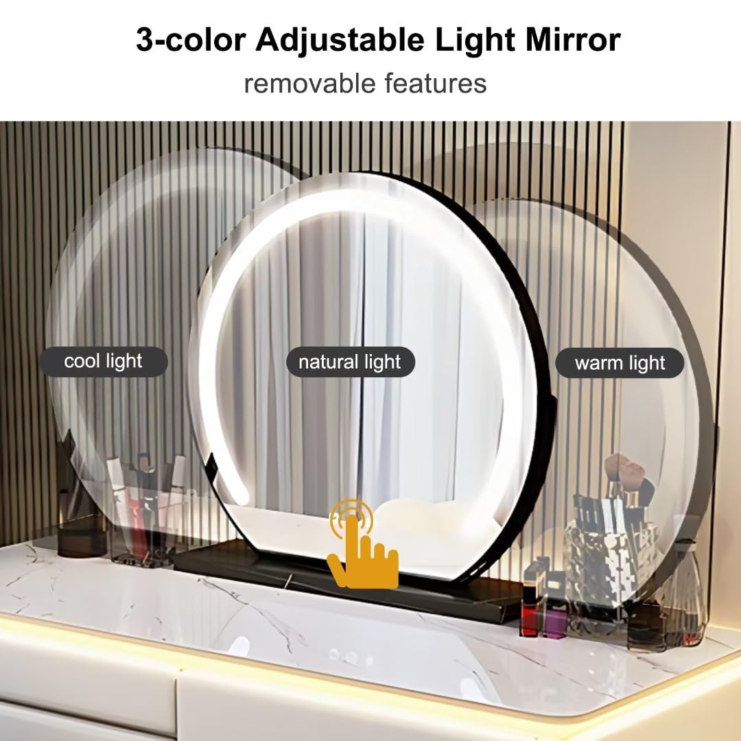 VELLE Vanity, Makeup Vanity with Cabinets and Ambient Light, Vanity Desk Set includes Smart HD Lighted Mirror and Vanity Chairs, Solid Wood Frame Vanity for Bedroom (47", 9 Drawers)