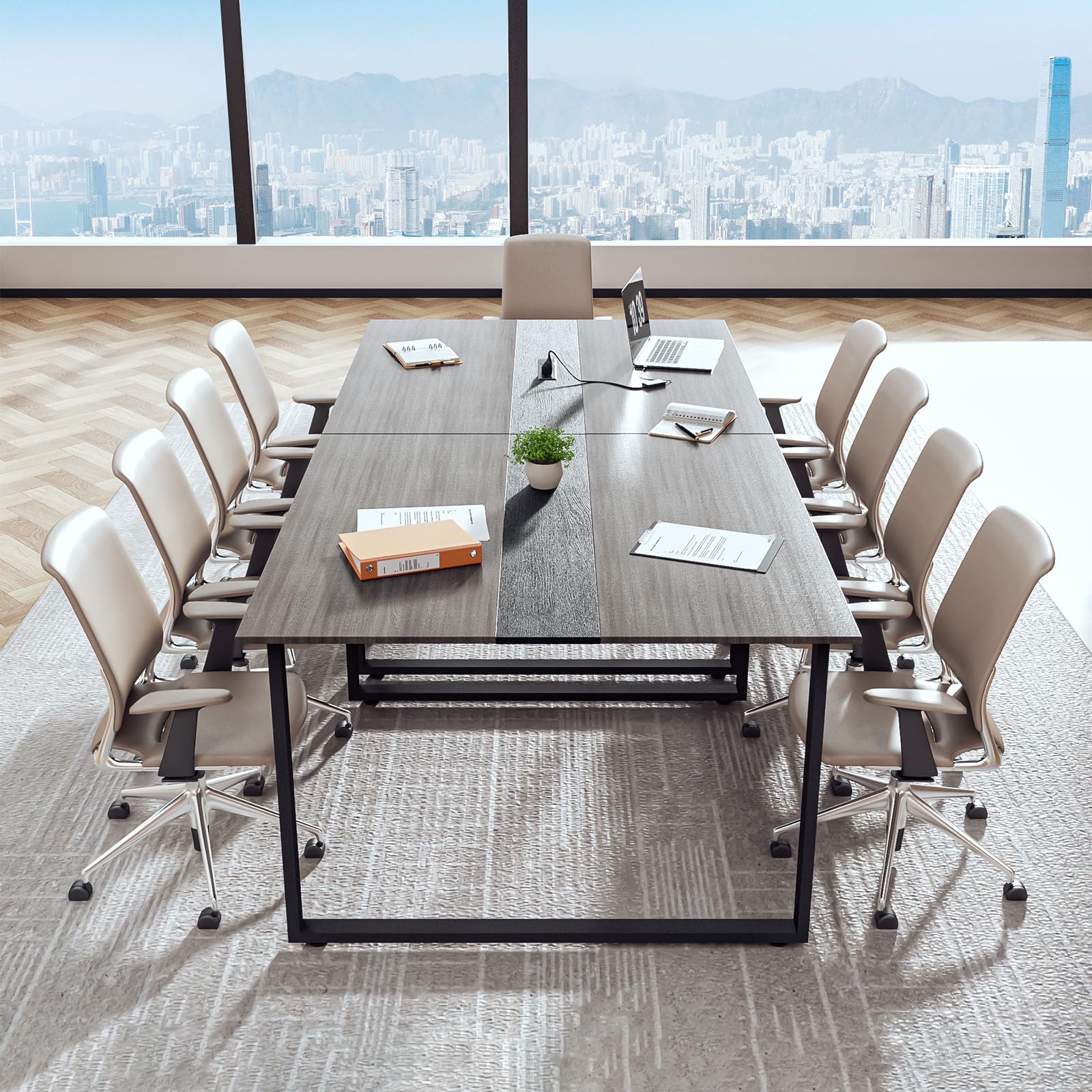 WASAGUN 8FT Rectangular Conference Room Table with USB Ports and Outlets Meeting Seminar Table, boardroom Table, for Office Meeting Conference Room Grey