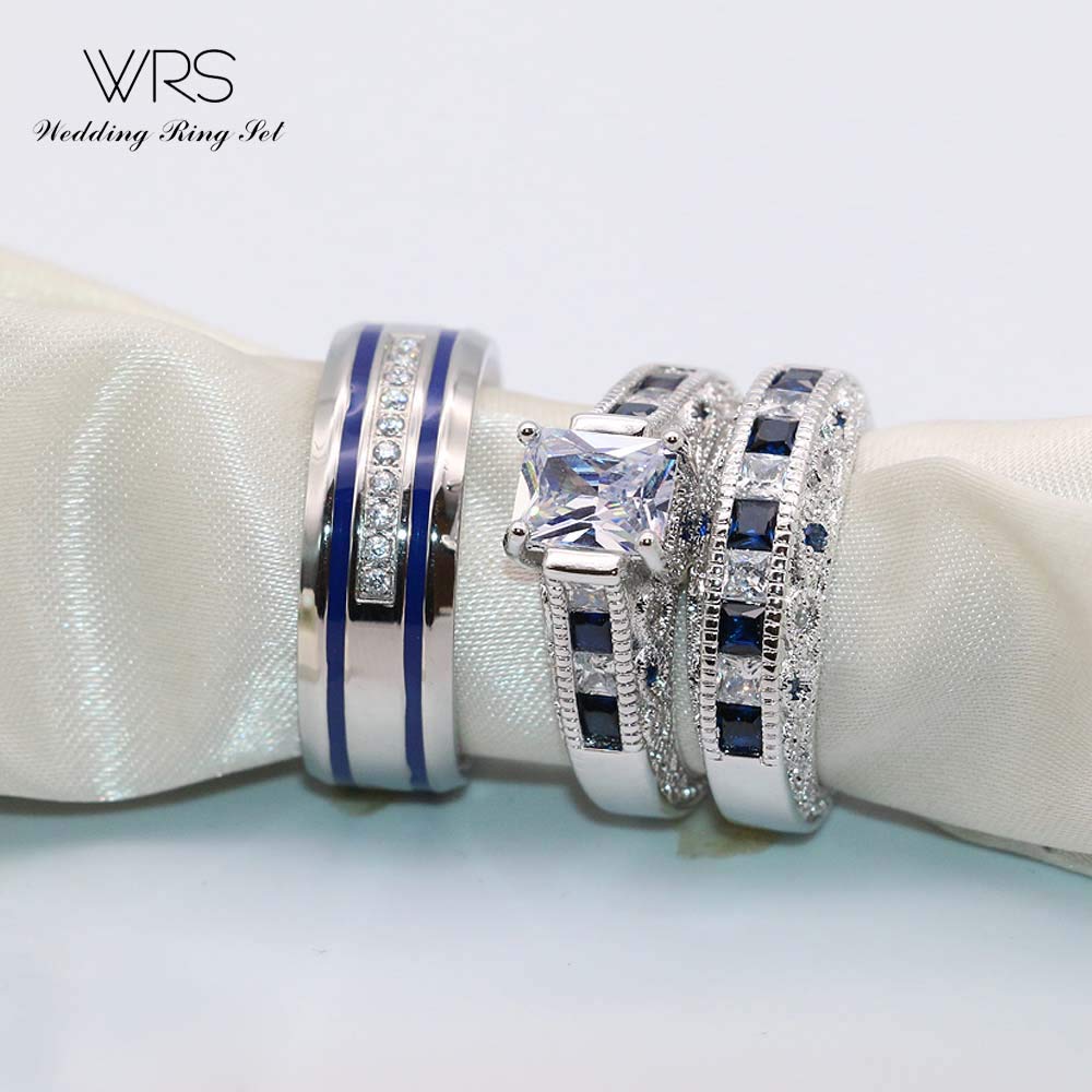 wedding ring set Two Rings His Hers Couples Matching Rings Women's 2pc White Gold Filled CZ Wedding Engagement Ring Bridal Sets Men's Stainless Steel Wedding Band