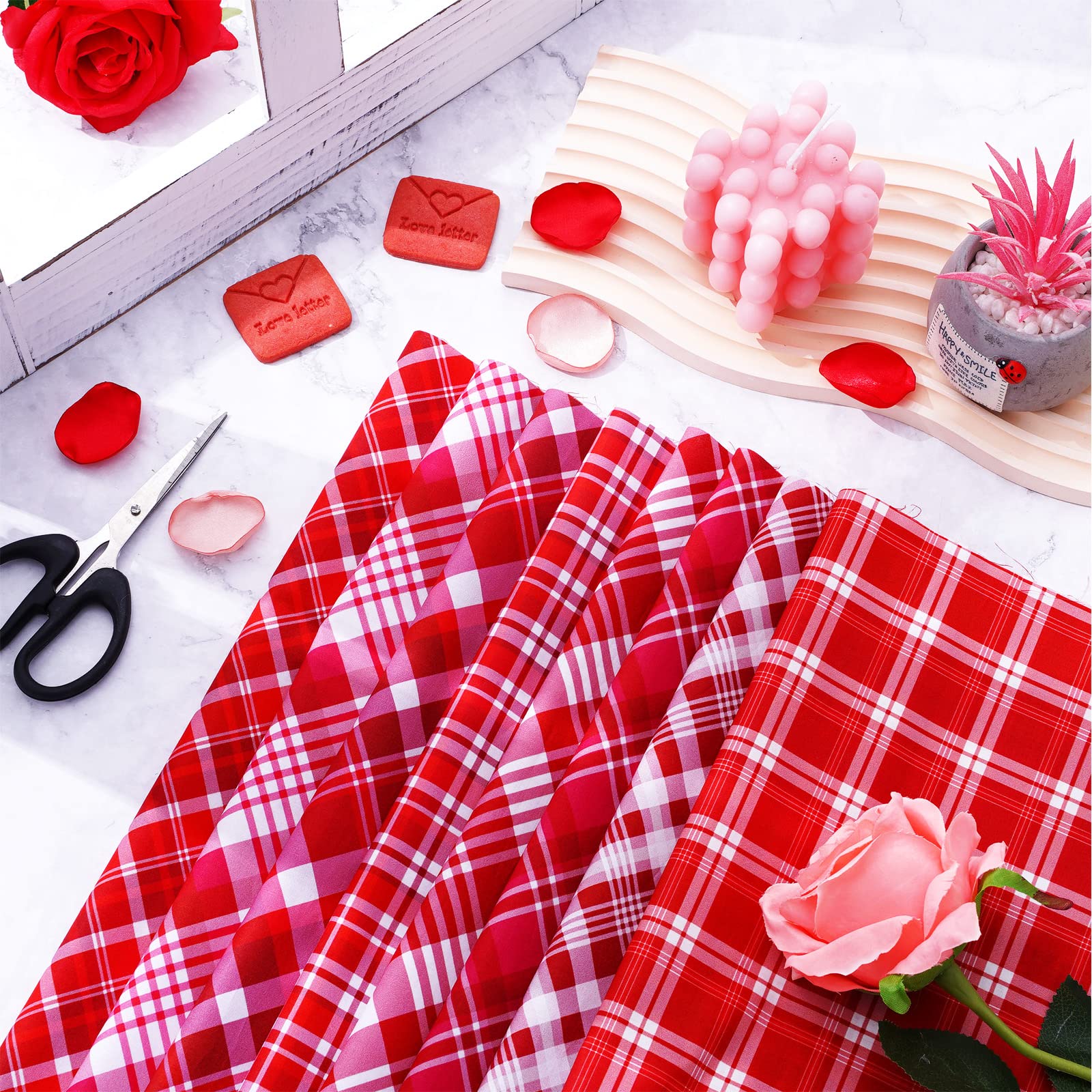 Whaline 8Pcs Valentine's Day Cotton Fabric Bundles 18 x 22 Inch Buffalo Plaid Fat Quarters Red White Plaid Quilting Patchwork Squares Sewing Fabrics for DIY Handmade Crafting Home Party Decor