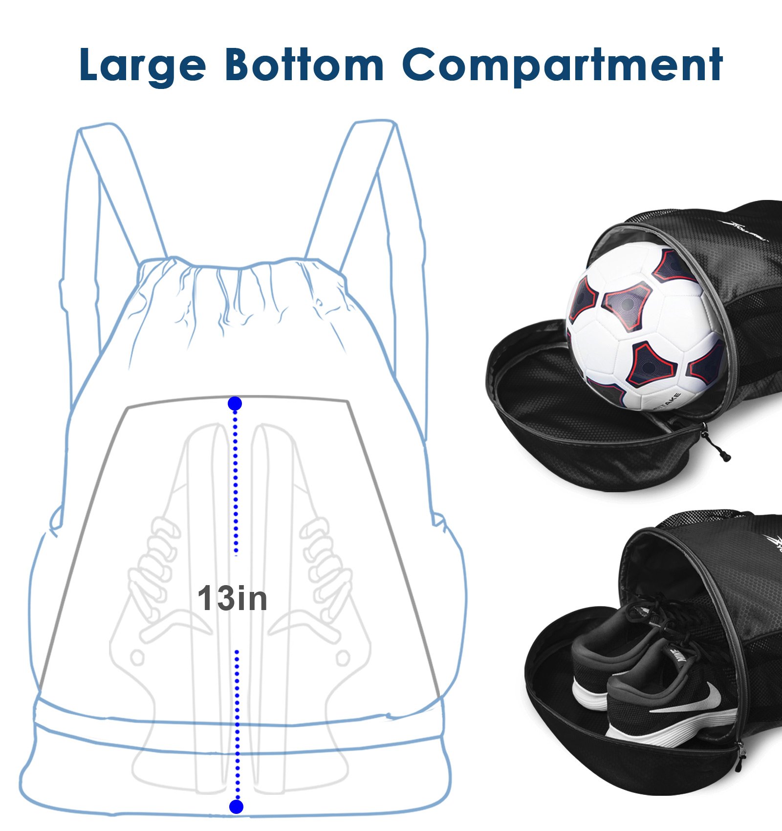 YOULERBU Dry Wet Drawstring Backpack Bag with Shoe Compartment Sackpack Heavy Duty String Bag Sports Gymsack Swim Beach Bag Black