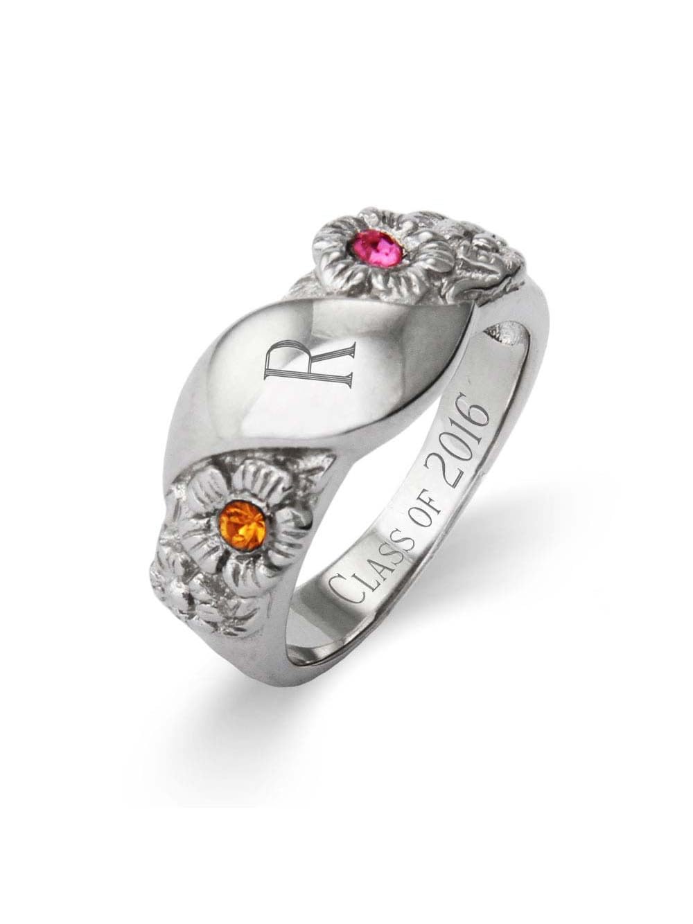 Women's Sterling Silver 2 Stone CZ Birthstone Graduation Class Ring (ring size 5) - Personalized Class Ring for Graduate - Custom Engraved Ring for Her - Graduation Gift - Gifts for Mom
