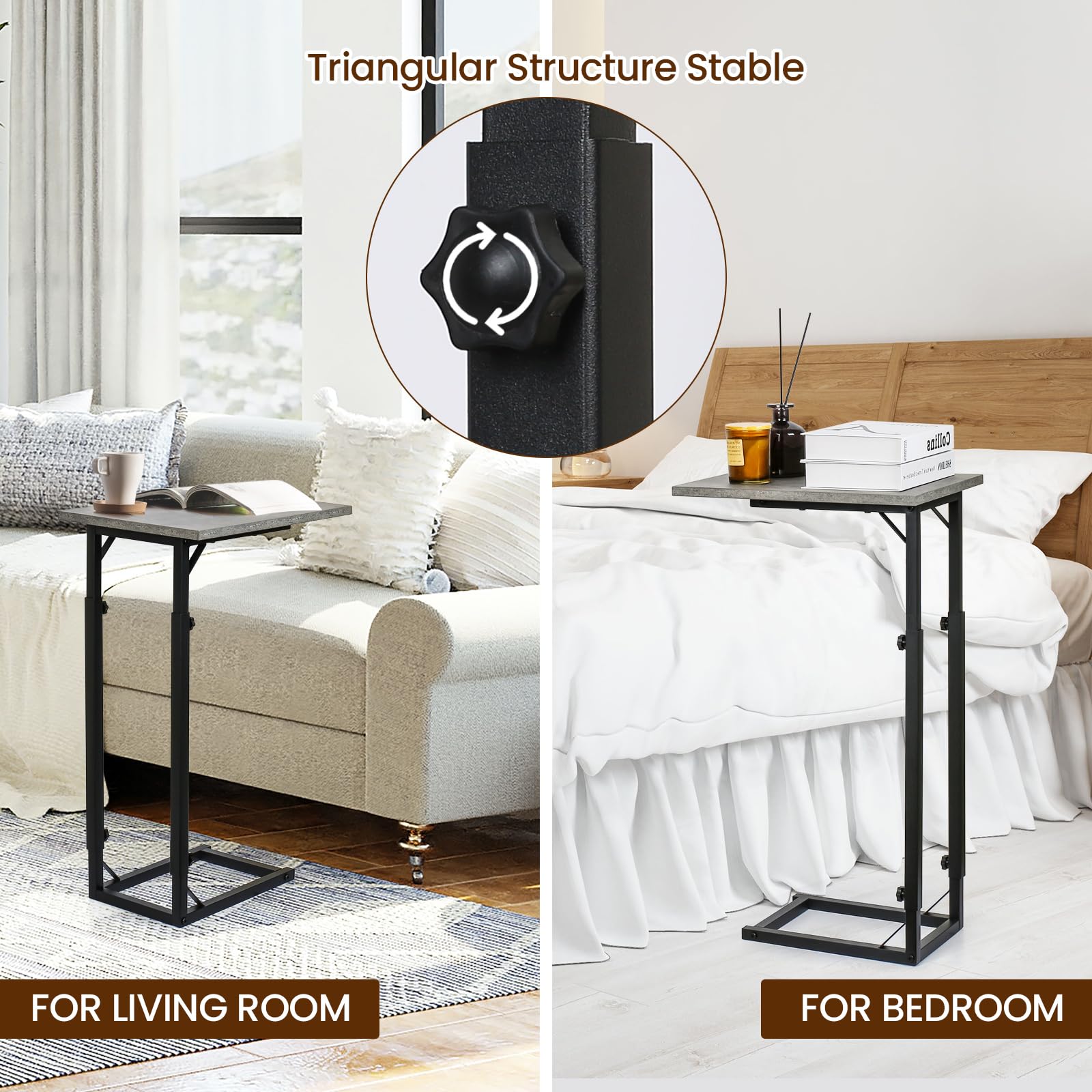 WHEARTED Adjustable C Shaped End Table - C Table Side Table for Couch and Sofa, Small Coffee Table with Metal Frame in Living Room, Bedroom, Bedside Rustic Gray