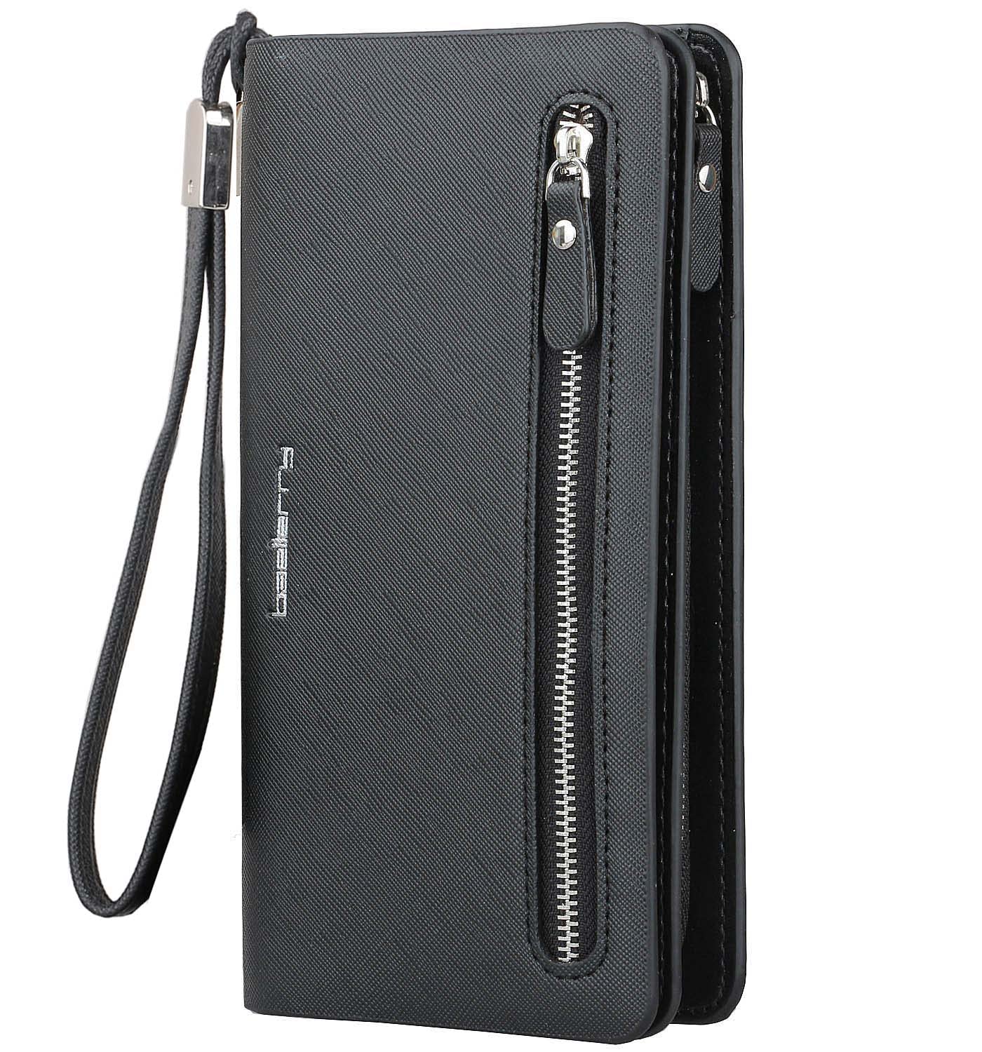 Women’s Long PU Leather Wallet with Credit Card Holders Money Organizer Zipper Purse Wristlet Handbag (A Black)