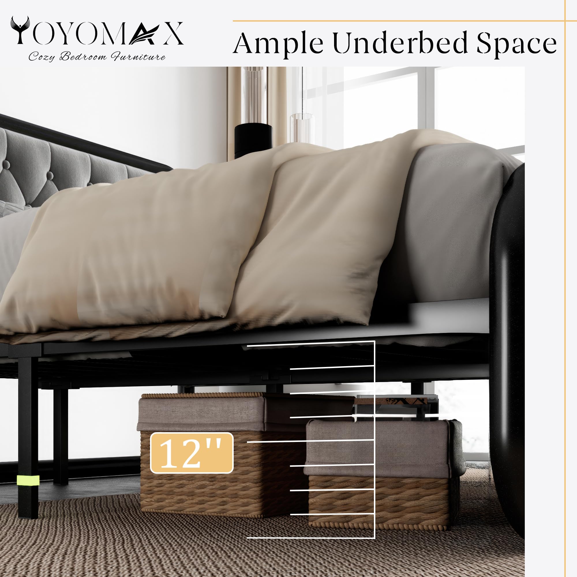 yoyomax King Size Bed Frame with Velvet Button Tufted Headboard, Heavy Duty Bed Frame Platform with Strong Metal Slats,12" Under-Bed Storage, Noise-Free & No Box Spring Need,Easy Assembly, Grey
