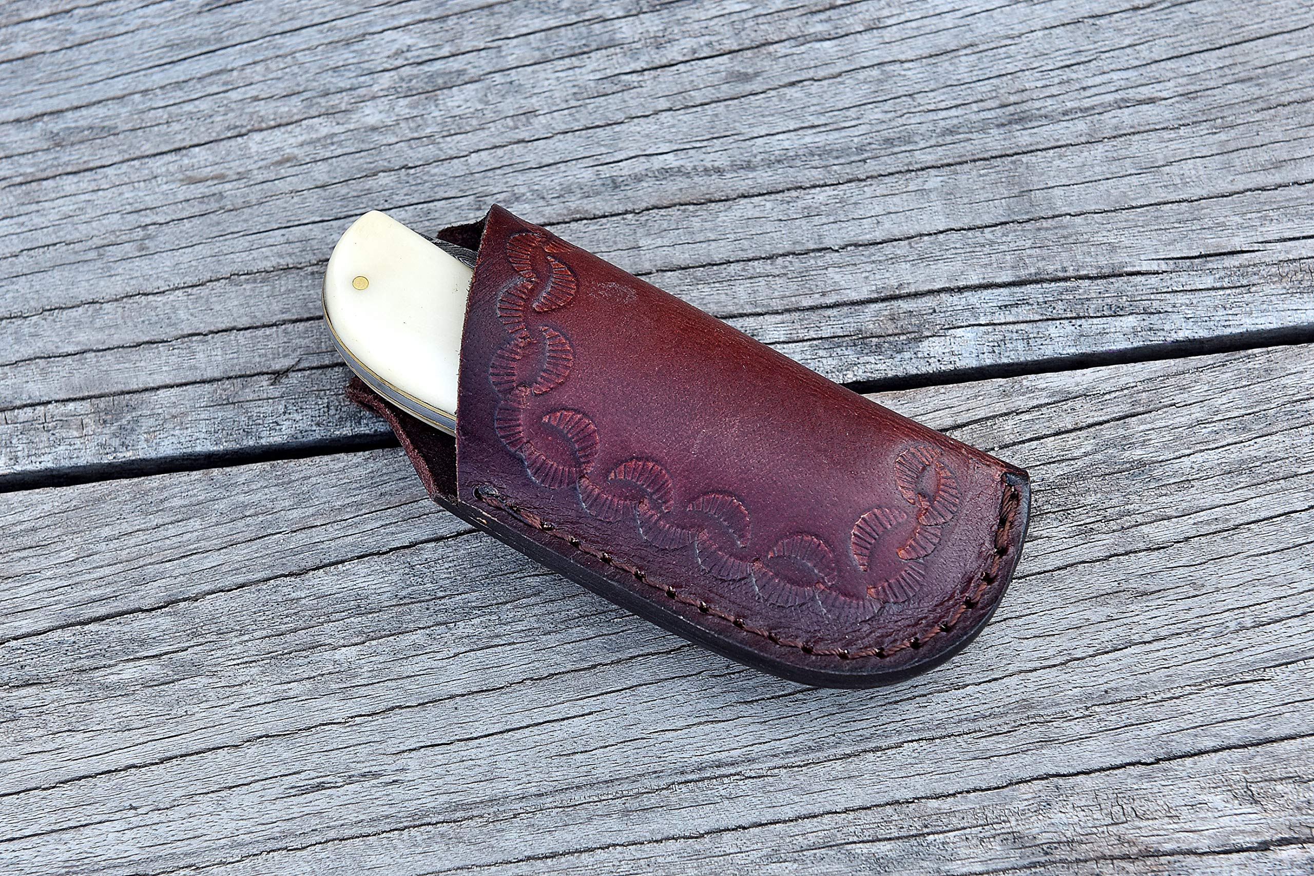 Zaildar Damascus Steel Pocket Knife - Handmade Folding Knife, EDC Knife, Hunting Knife, Camping Knife & Hiking Knife with Brass & Bone Handle & Leather Knife Sheath