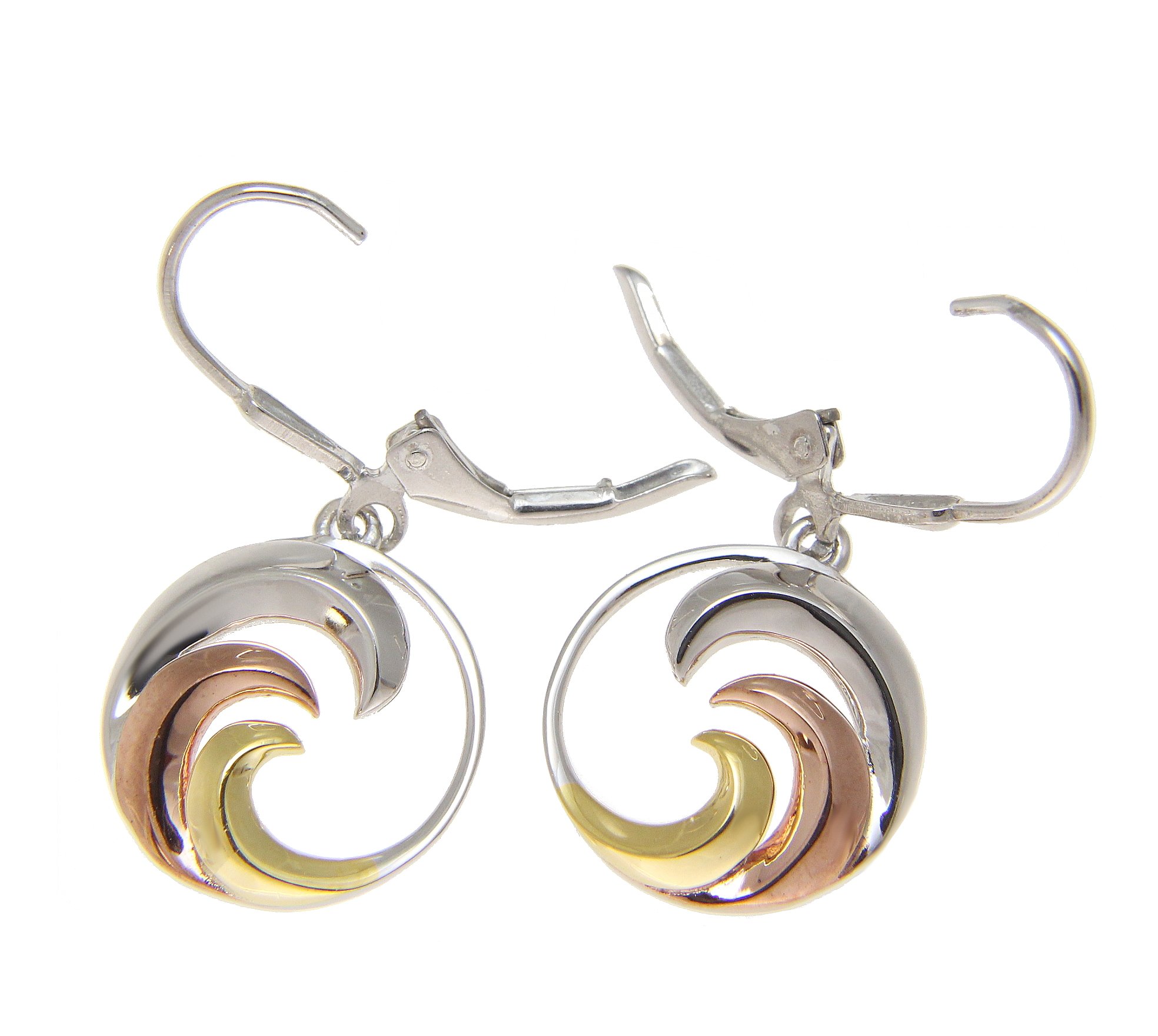 Yellow Rose Gold Plated tricolor on 925 sterling silver Hawaiian 15mm ocean wave leverback dangle earrings