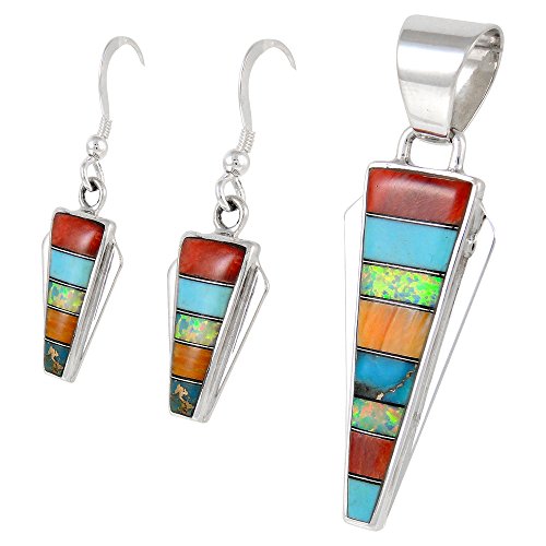 Turquoise Network Genuine Gemstone Pendant & Earrings Set in 925 Sterling Silver with 20" Chain (Multi)