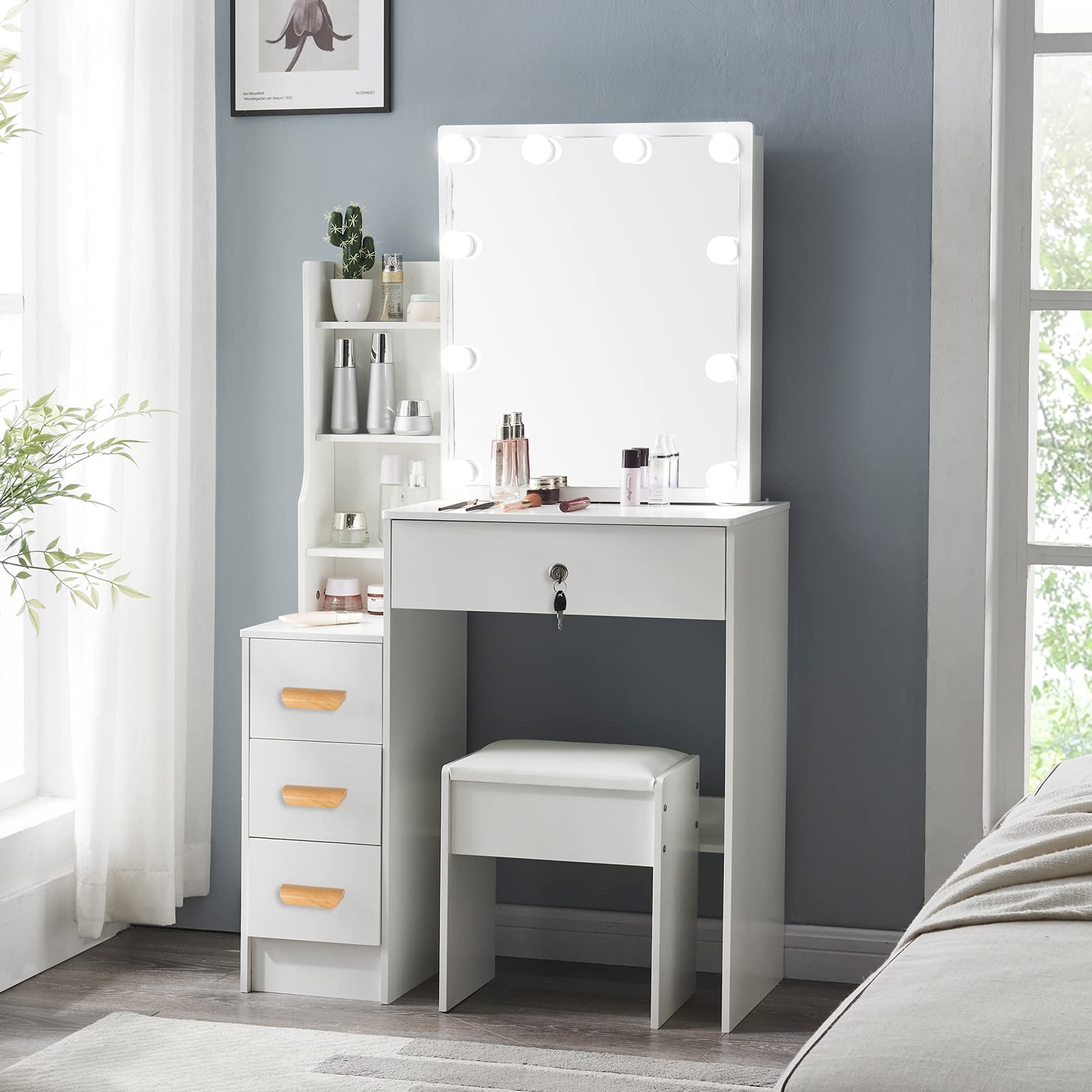 Tojump Makeup Vanity Table Set with DIY Lighted Mirror, Vanity Table with Vanity Cushioned Stool & 5 Drawers for Bedroom, Dressing Room, White (Makeup Vanity Set A)