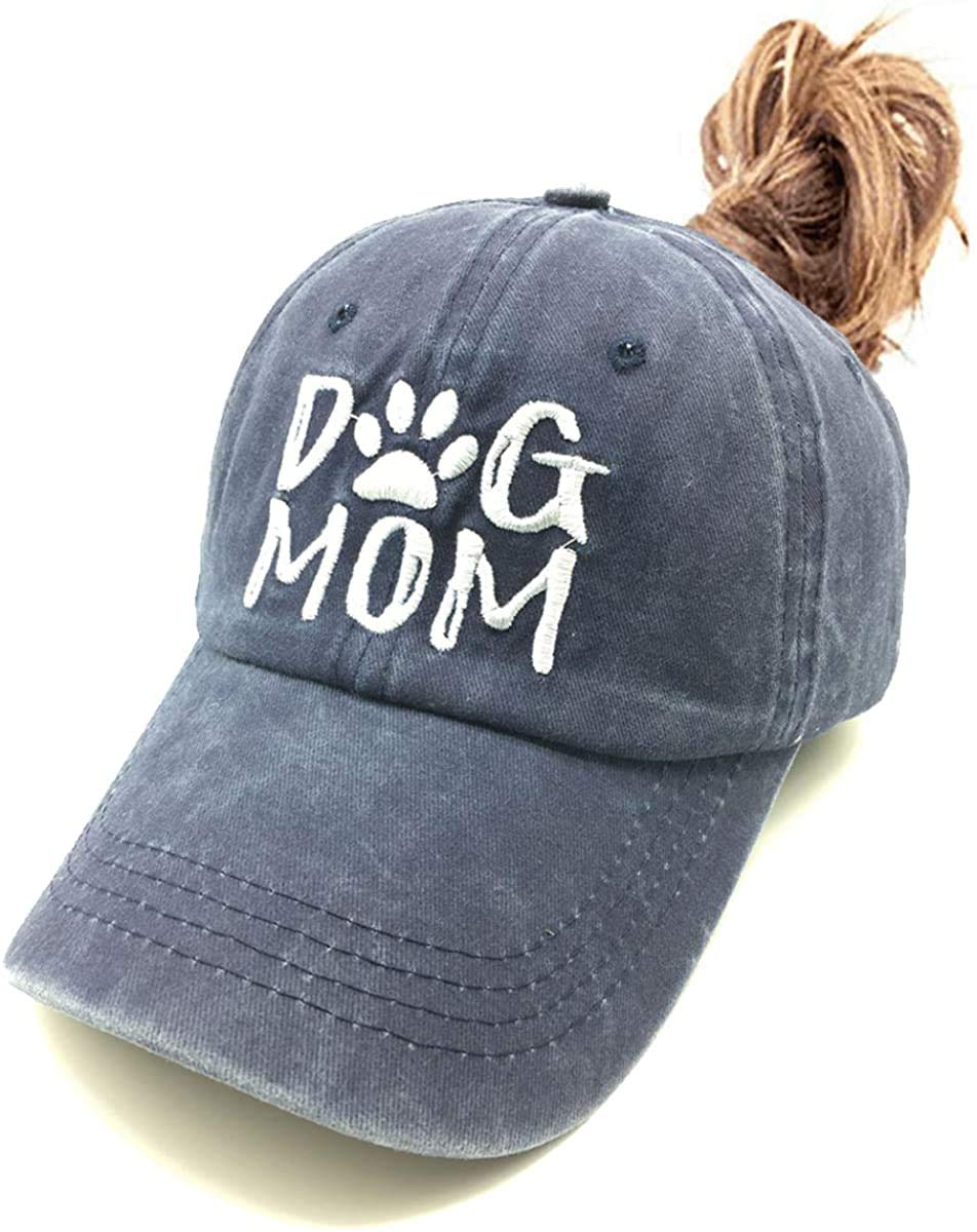 Waldeal Women's Embroideried Dog Mom High Ponytail Baseball Caps Washed Dad Hat Blue