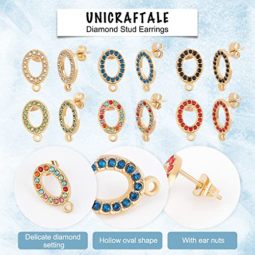UNICRAFTALE 12Pcs 6 Colors Oval Stud Earring Findings Hypoallergenic Rhinestone Stud Earring with Loop Oval Earring with Ear Nut 0.8mm Pin Earring Posts for DIY Earrings Jewelry Making