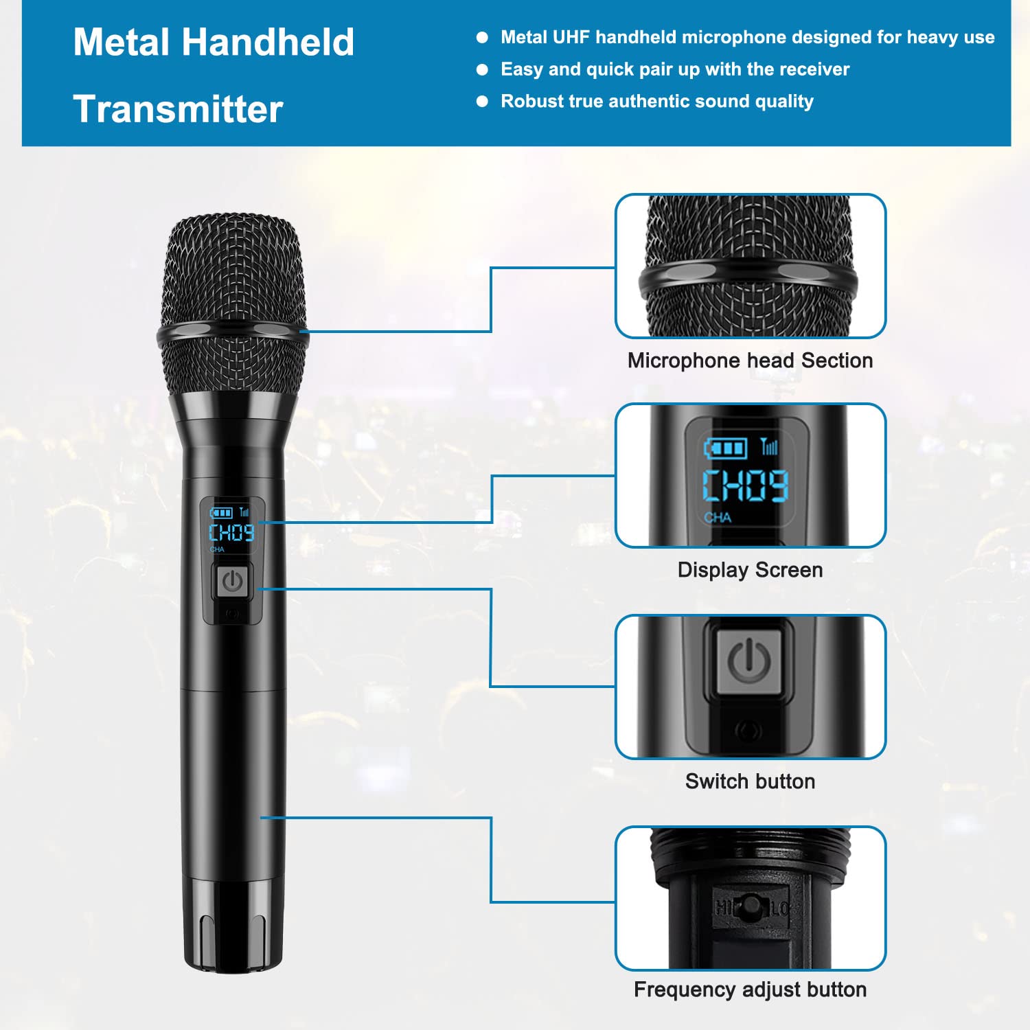 VeGue Wireless Microphone System, Metal Professional UHF Dual Channel Handheld Cordless Dynamic Mic Set for Home Karaoke,Church, DJ, Wedding, Meeting, Events, 200ft(VW-022)