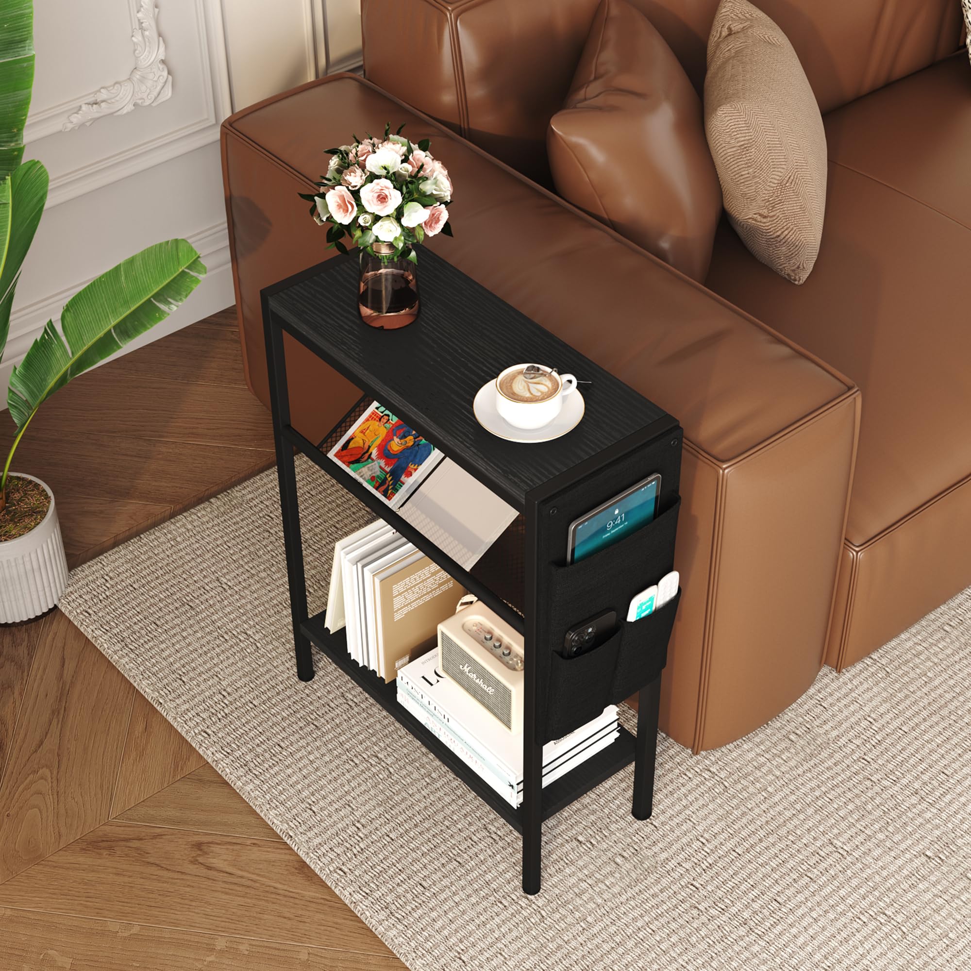 Yusong Small Narrow Side Table for Small Spaces, Slim End Table with Storage Bag, Sofa Snack Table with Adjustable Metal Mesh, 2 Tier Accent Skinny Beside Table for Living Room & Bedroom, Brown
