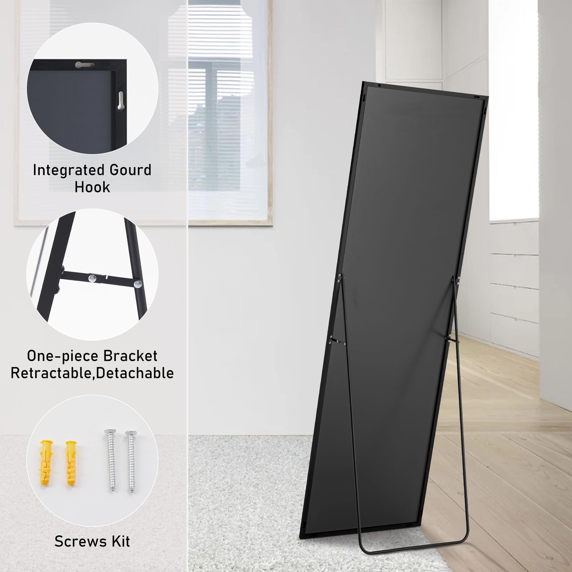 Sweetcrispy 64"x21" Mirror Full Length Floor Standing Full Body Mirror for Bedroom, Large Wall Mirror with Stand Aluminum Alloy Frame Hanging or Leaning Against Wall, Black