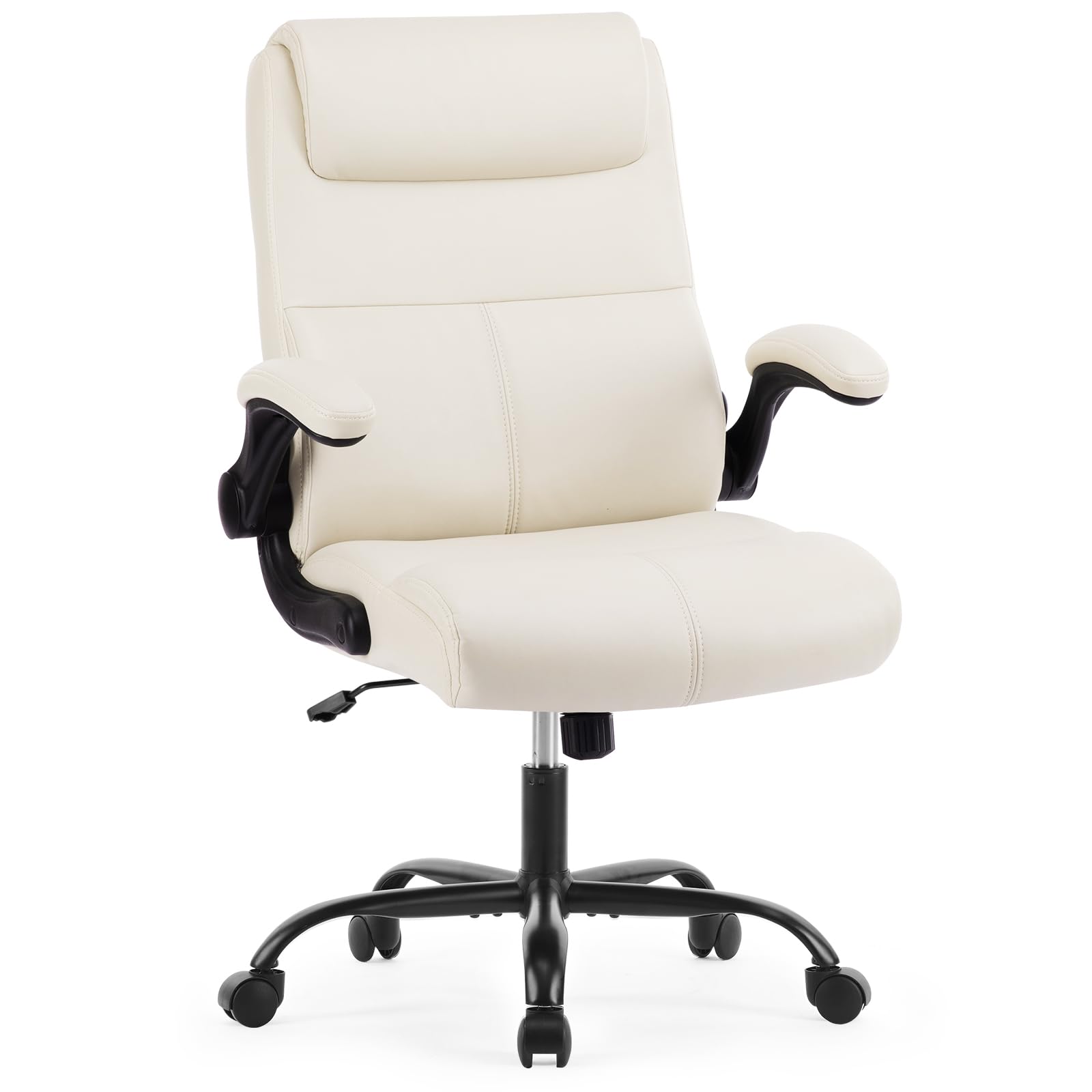 Sweetcrispy Executive Office Chair Beige White Desk Chair with Wheels Height Adjustable PU Leather Office Chair Flip Up Arms Mid Back Computer Chair with Lumbar Support