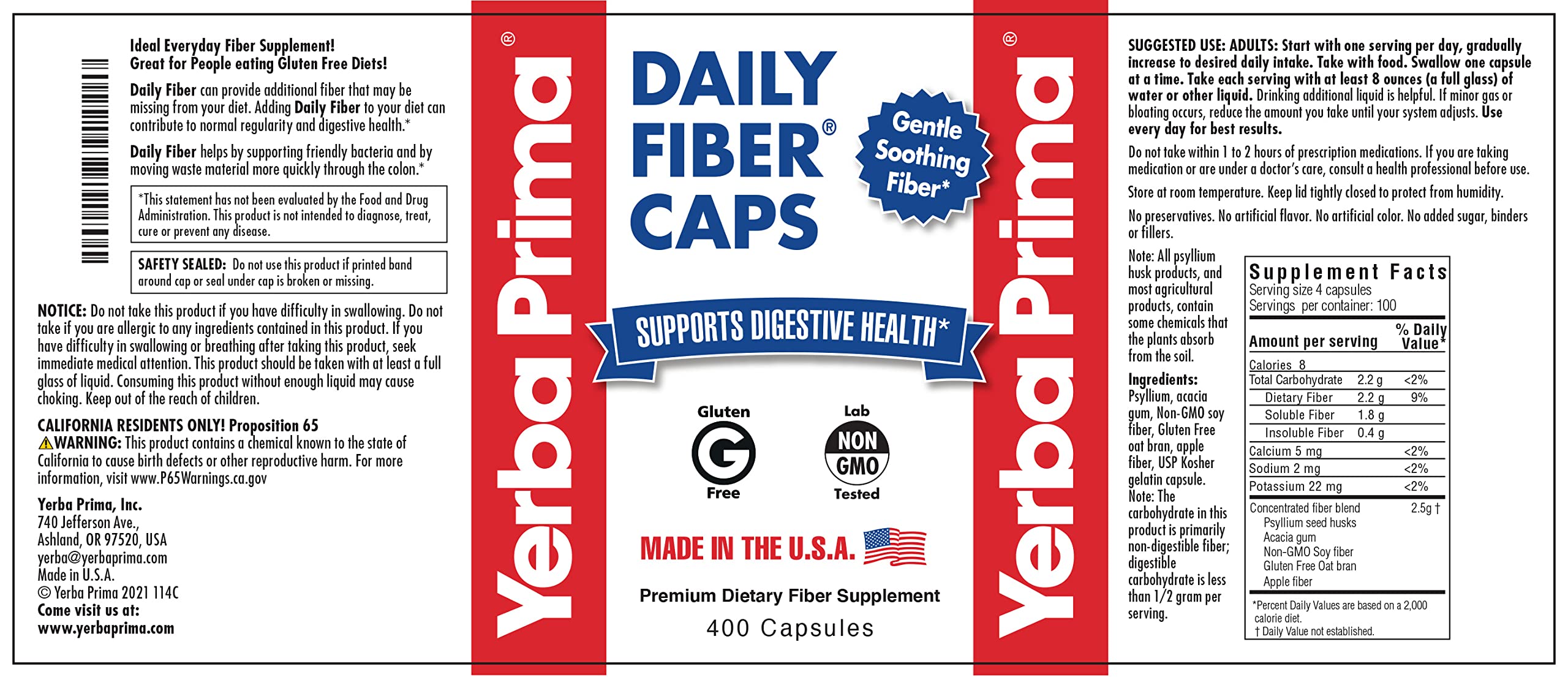 Yerba Prima Daily Fiber Caps Formula, 400 Capsules - Both Soluble and Insoluble - with Psyllium Seed Husks, Acacia Gum, Apple Fiber and More - Dietary Supplement