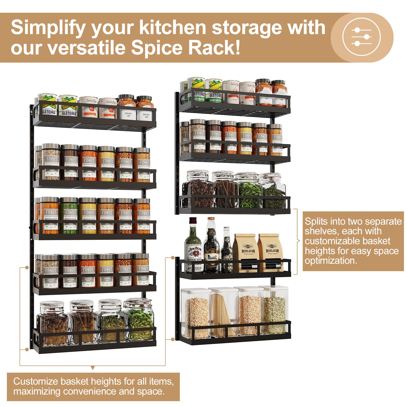 X-cosrack Wall Mount Spice Rack Organizer 5 Tier Height-Adjustable Hanging Spice Shelf Storage for Kitchen Pantry Cabinet Door, Dual-Use Seasoning Holder Rack with Hooks, Grey