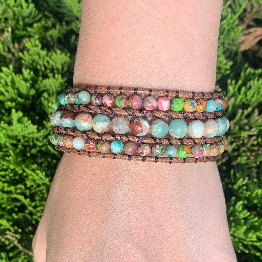 YGLINE Boho Handmade Natural Stone Bead 3 Row Wide Wrap Wrist Statment Bracelet Jewelry Collection (regalite &agalmatolite)
