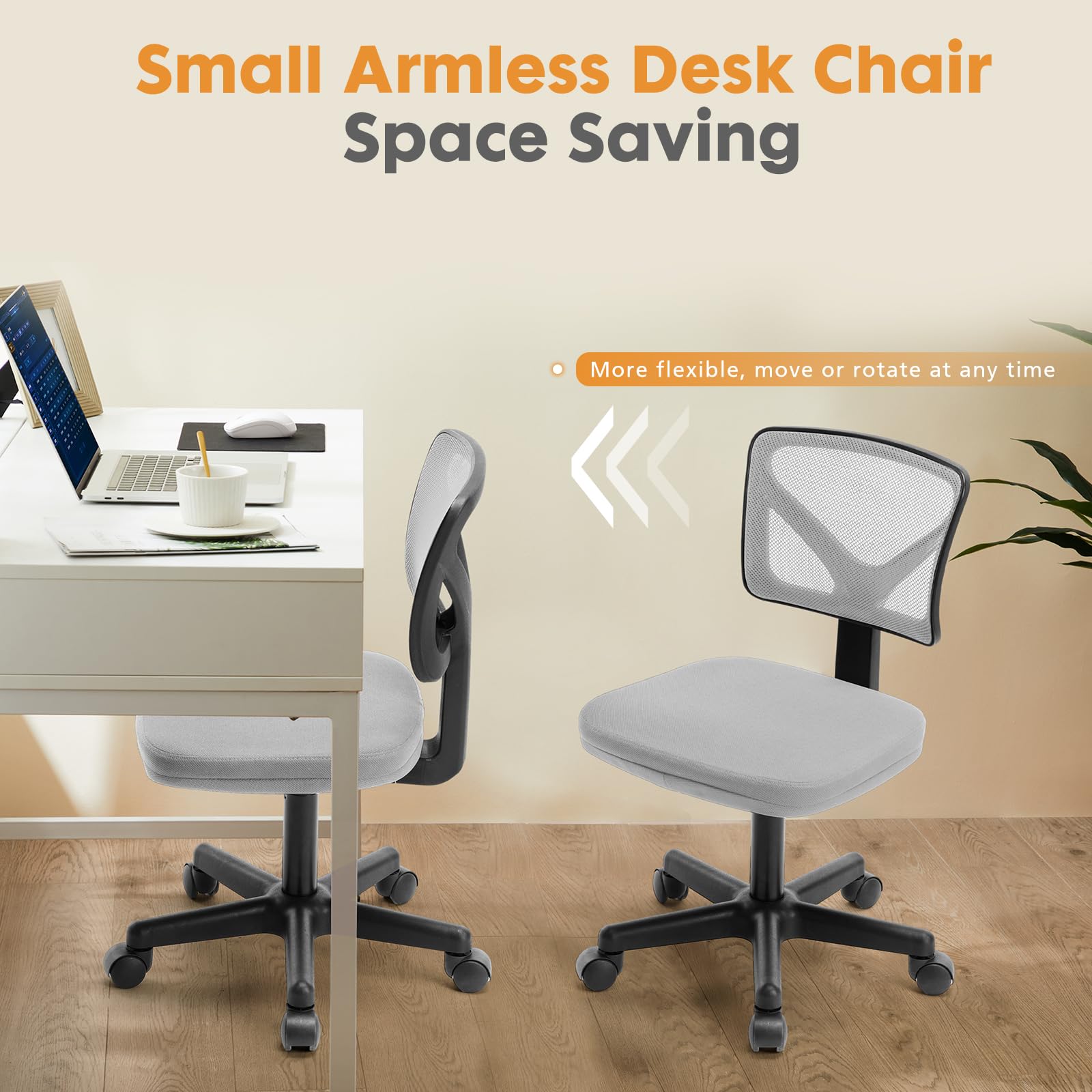 Sweetcrispy Small Office Computer Desk Chair with Armless Low Back Lumbar Support and Adjustable Height 360° Rolling Swivel Wheels without Arm for Small Space, Bedroom, Student