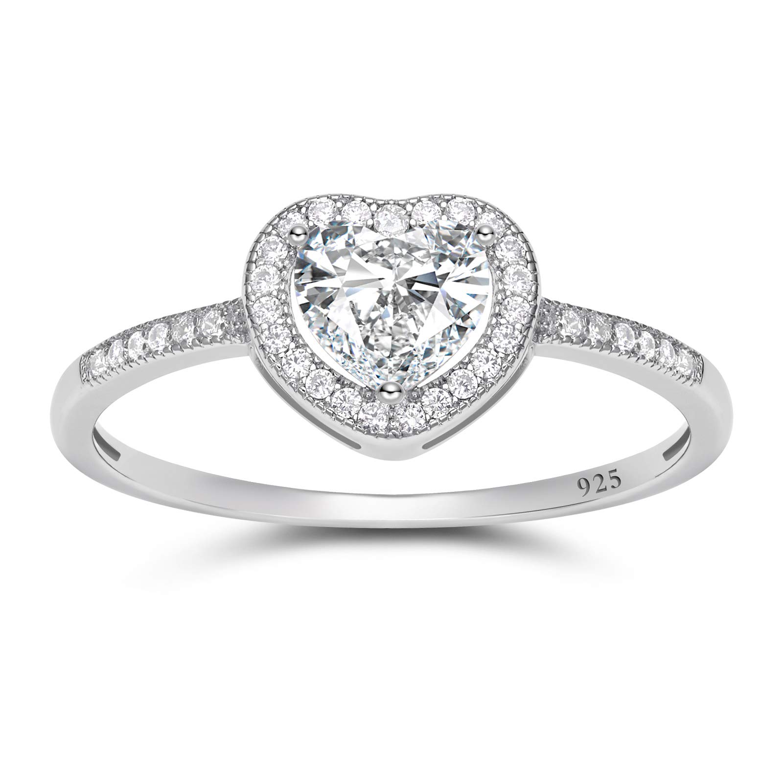 Women's 925 Sterling Silver Ring, Heart Promise Engagement Ring, Halo Cubic Zirconia Wedding Band, Size 12