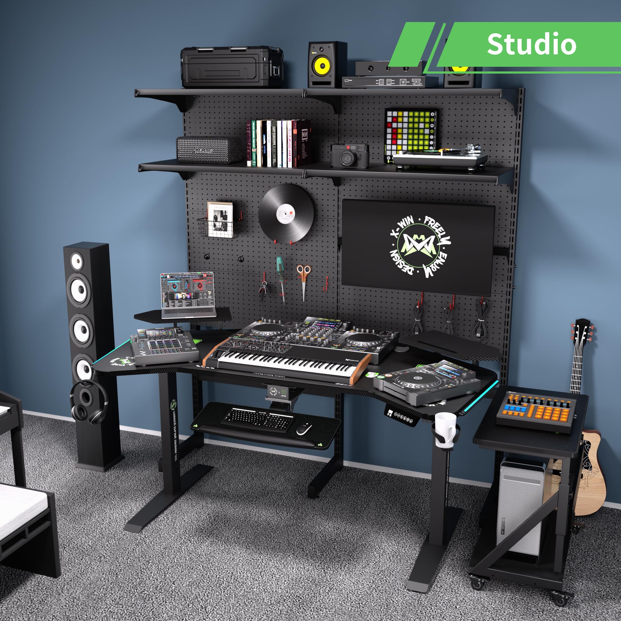 X-WIN 63" Standing Gaming Desk, Wing-Shaped Computer Desk with Full Coverage Mouse Pad, Electric Height Adjustable Standing Desk with RGB LED Lights and Slot Design Shelves for Home Office