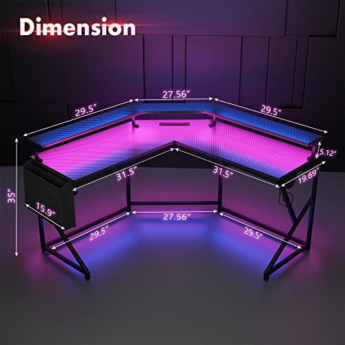Wonder Comfort L Shaped 51 Inch Computer Desk with LED Lights,Corner Gaming Table Cup Holder Power Outlets/Monitor Stand for Home Office, Black