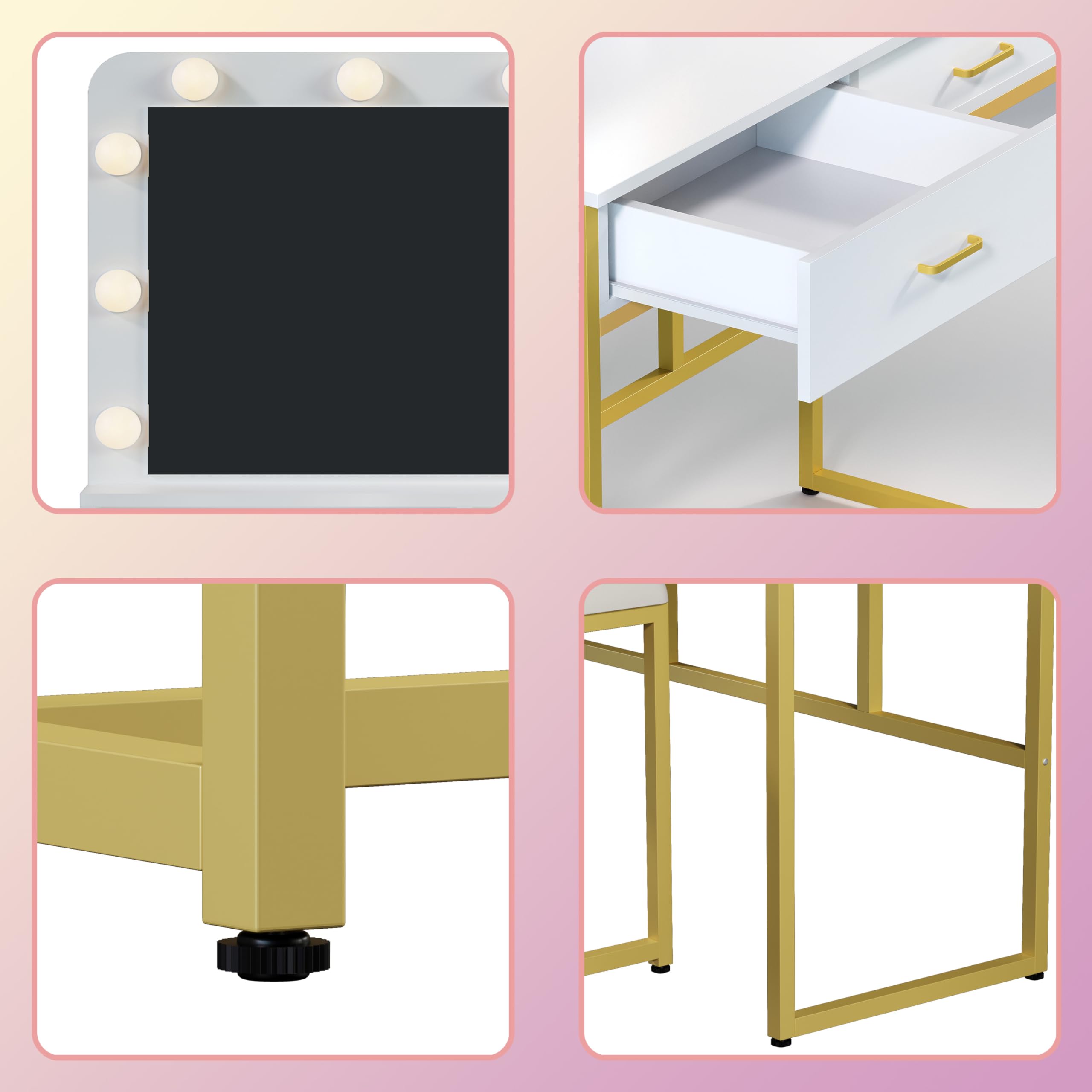 Wildhome Vanity Set with Lighted Mirror,Vanity Desk with 2 Drawers,Makeup Vanity Dressing Table with 9 Lights for Women, Dresser Desk Vanity Set for Bedroom,with Cushioned Stool,Gold (White)