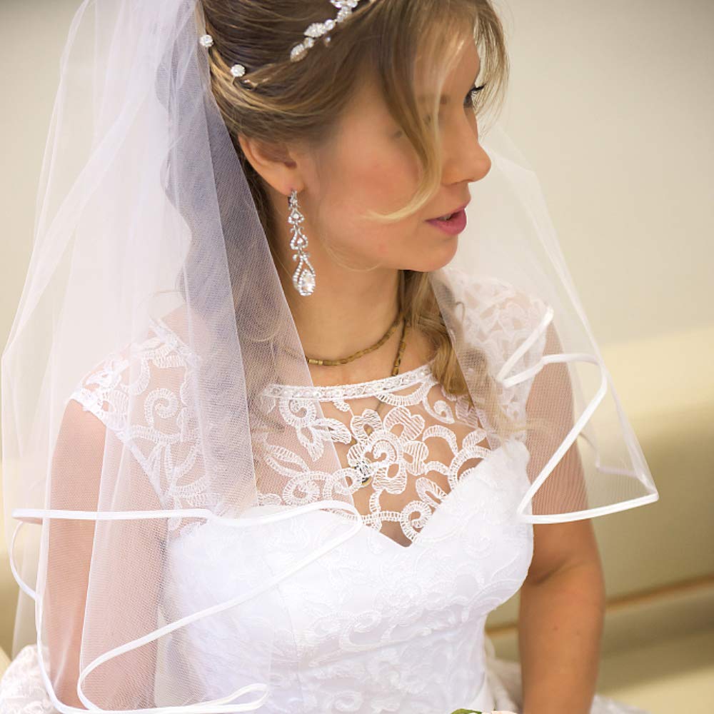 White Wedding Veil,2 Tier Ribbon Edge Center Cascade Bridal Veil with Comb for Bachelorette Party