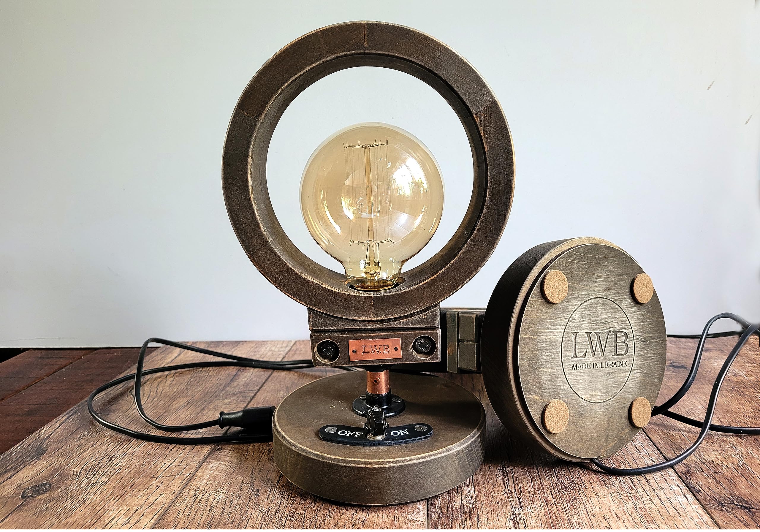 Wooden table lamp LWB, handmade steampunk author's design solid wood brass aged wood vintage rustic